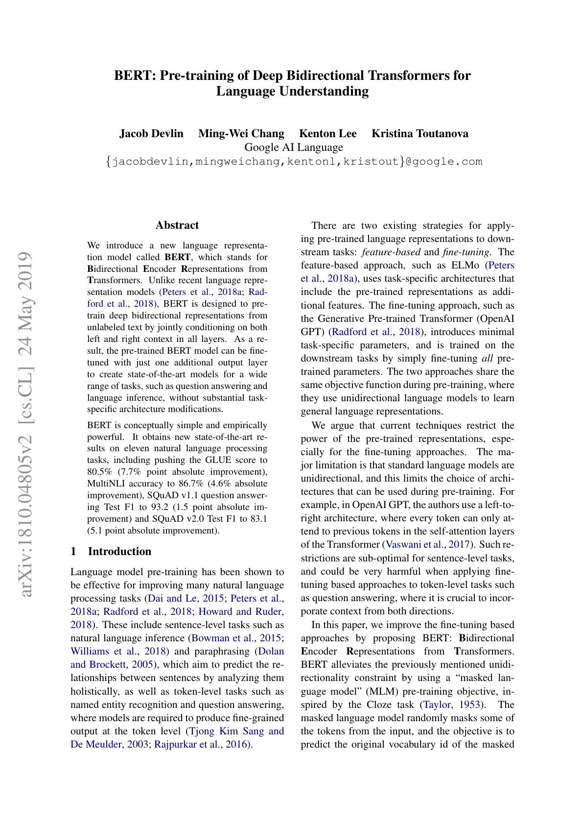 BERT: Pre-training of Deep Bidirectional Transformers for Language ...