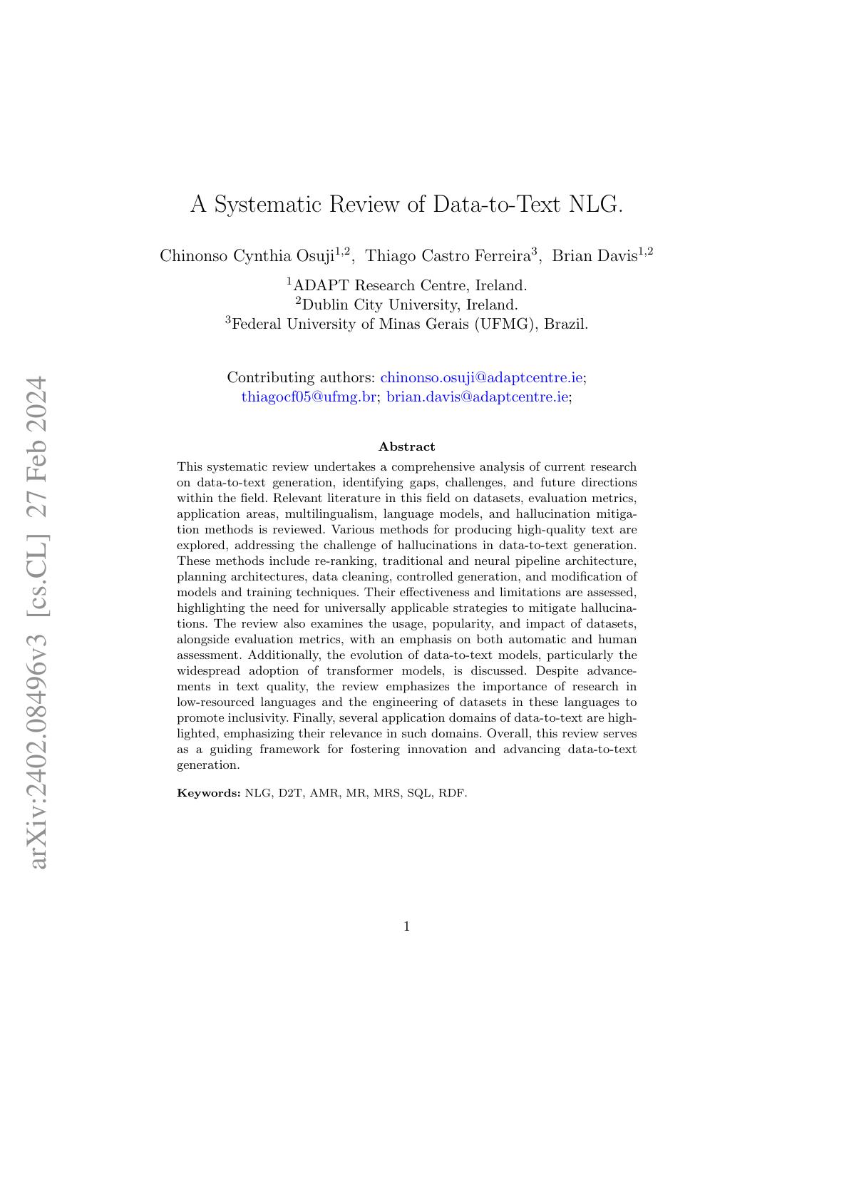 A Systematic Review of Data-to-Text NLG