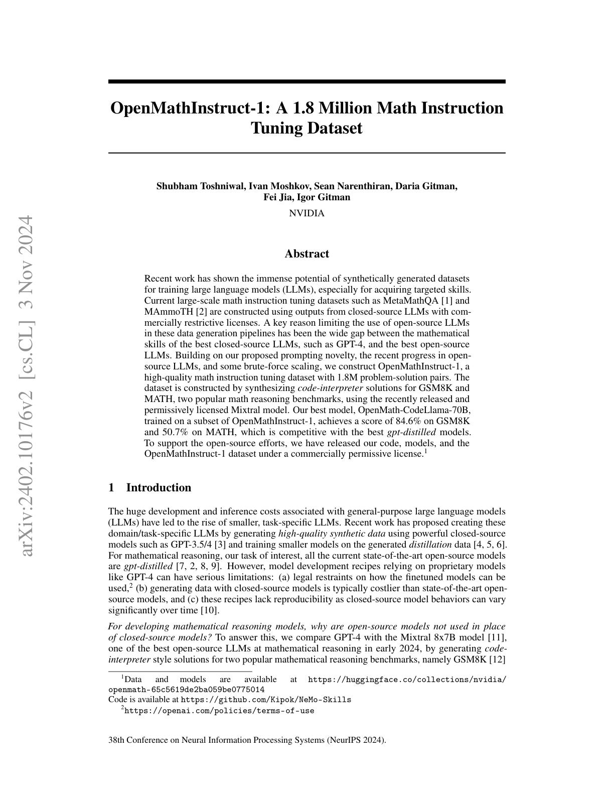 OpenMathInstruct-1: A 1.8 Million Math Instruction Tuning Dataset