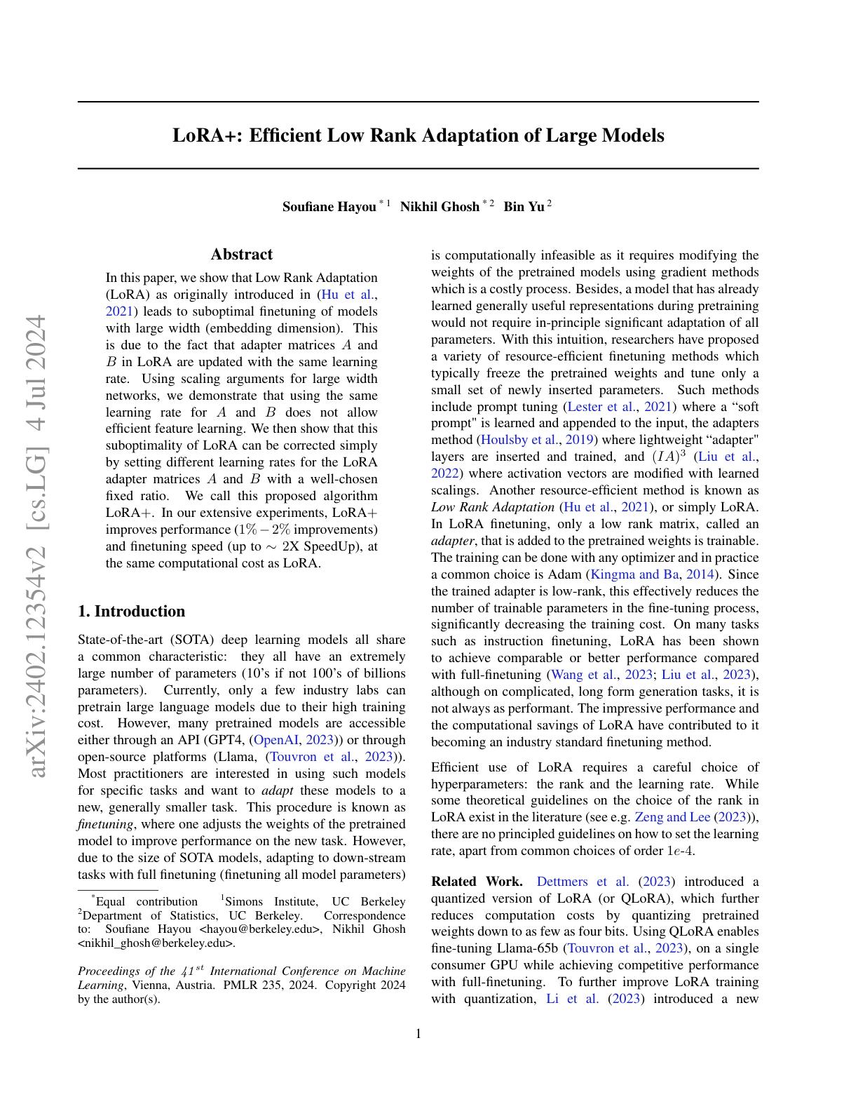 LoRA+: Efficient Low Rank Adaptation of Large Models