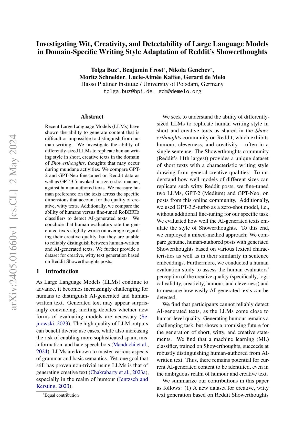 Investigating Wit, Creativity, and Detectability of Large Language ...