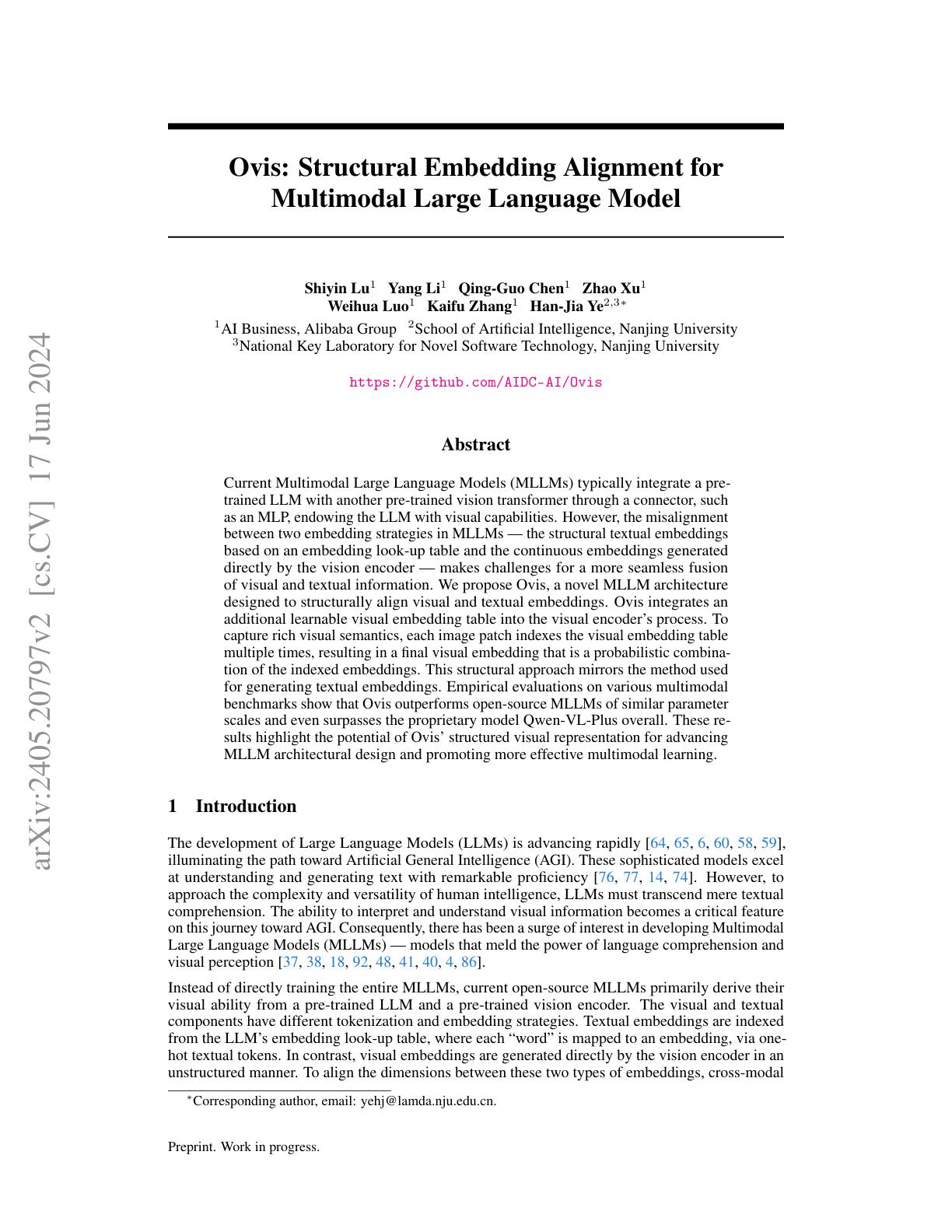 Ovis: Structural Embedding Alignment for Multimodal Large Language Model