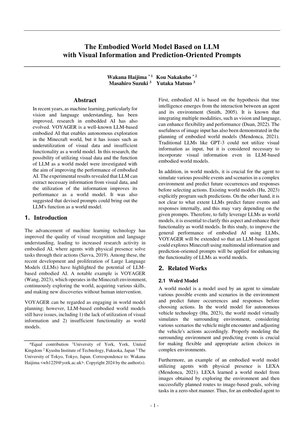 The Embodied World Model Based on LLM with Visual Information and Prediction-Oriented Prompts