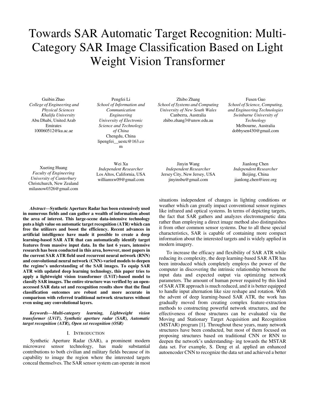 Towards SAR Automatic Target Recognition MultiCategory SAR Image Classification Based on Light ...