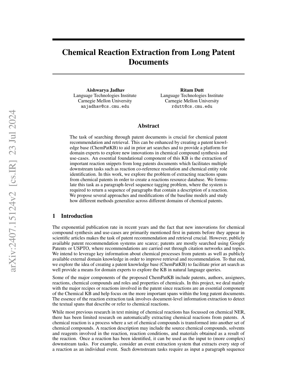 Chemical Reaction Extraction for Chemical Knowledge Base