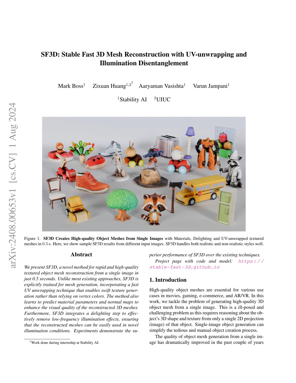 SF3D: Stable Fast 3D Mesh Reconstruction with UV-unwrapping and ...