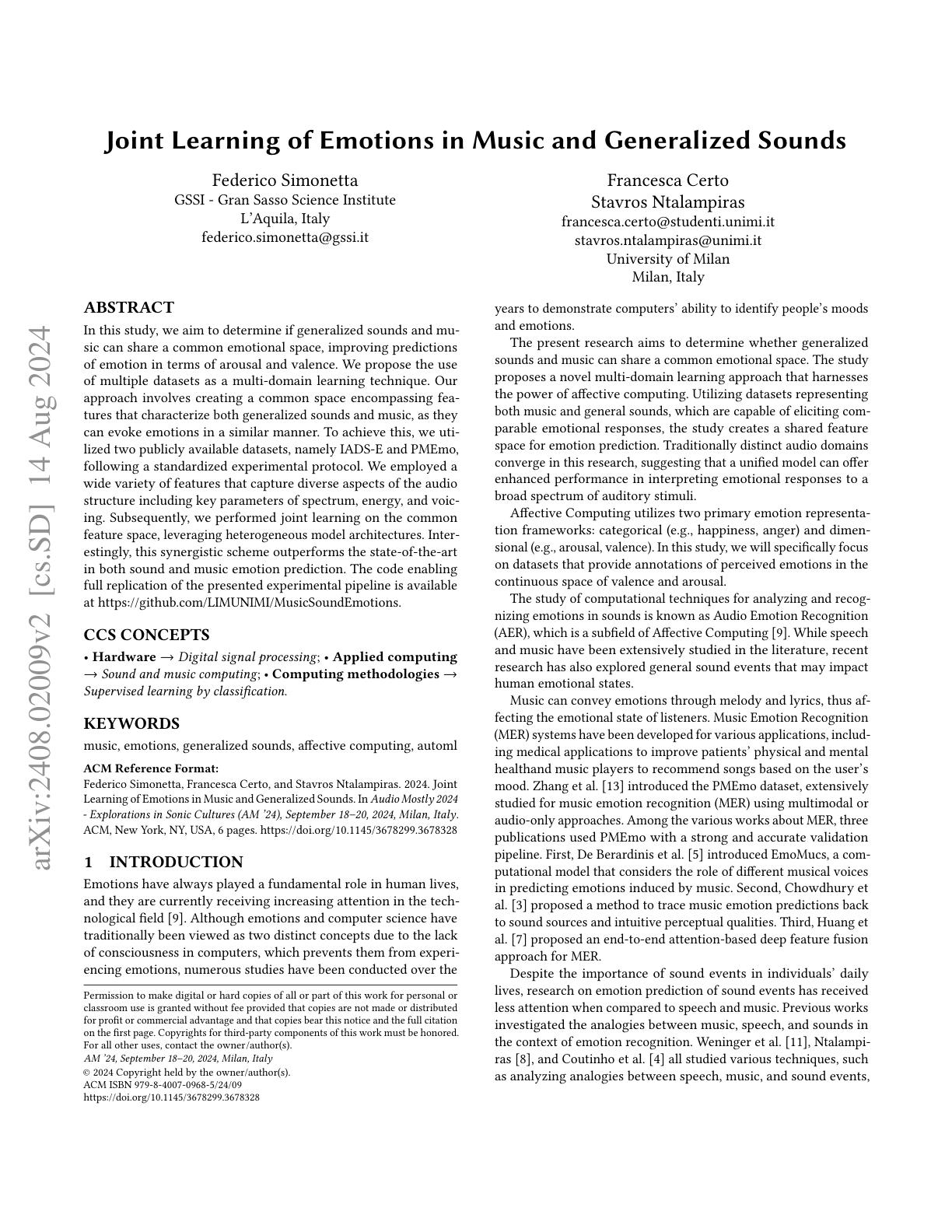 Joint Learning of Emotions in Music and Generalized Sounds