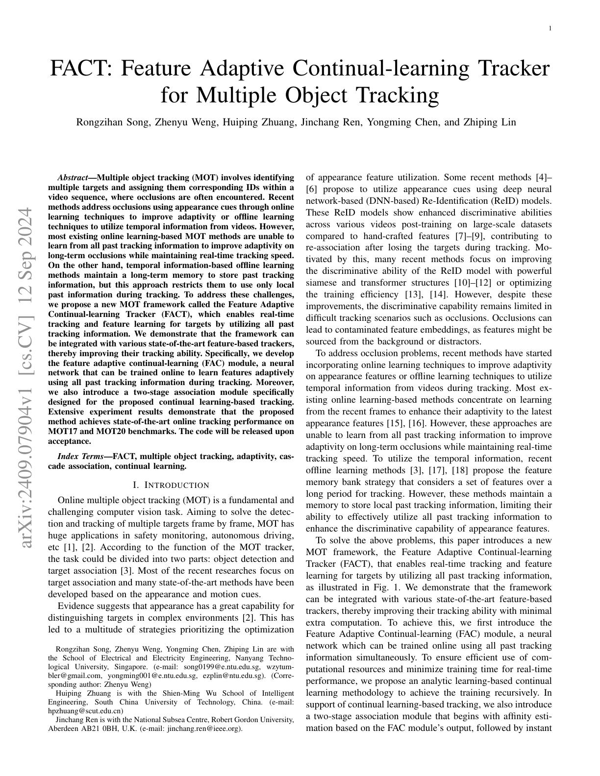 FACT Feature Adaptive Continual learning Tracker For Multiple Object