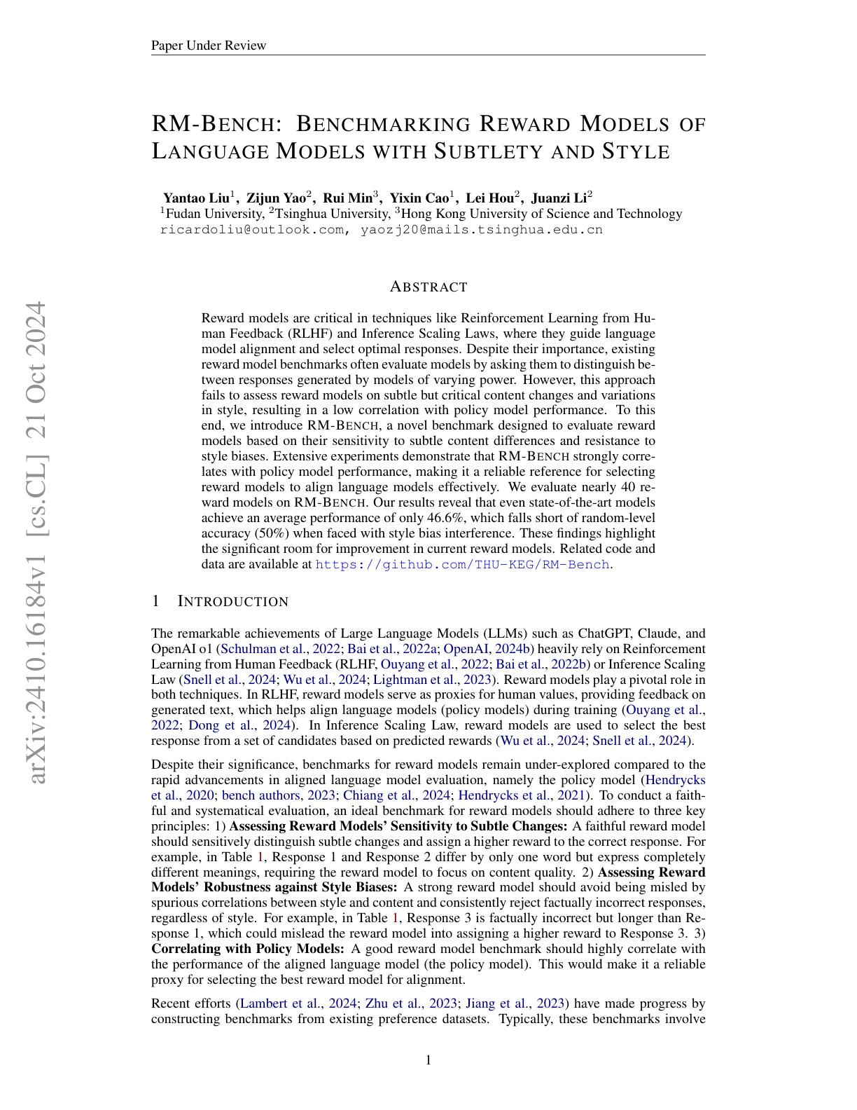 RM-Bench: Benchmarking Reward Models of Language Models with Subtlety and Style