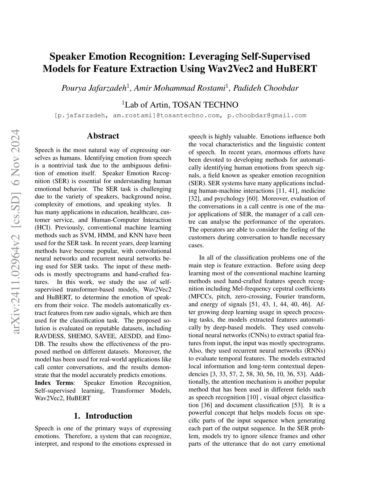Speaker Emotion Recognition: Leveraging Self-Supervised Models for Feature Extraction Using ...