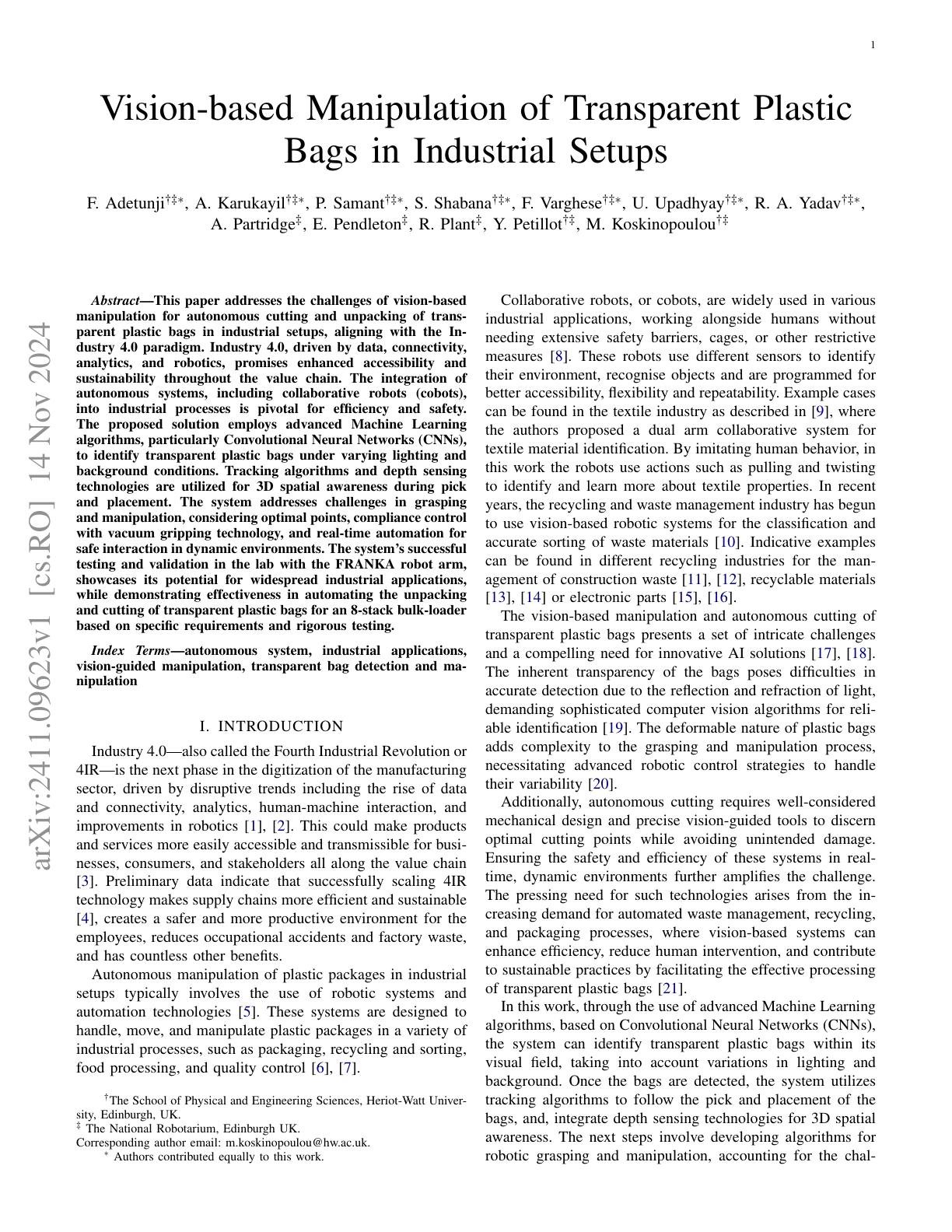 Vision-based Manipulation of Transparent Plastic Bags in Industrial Setups