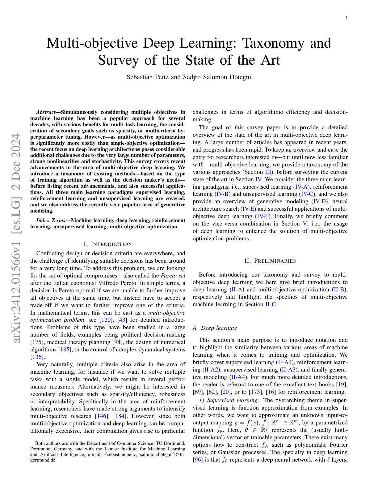 Multi-objective Deep Learning: Taxonomy and Survey of the State of the Art