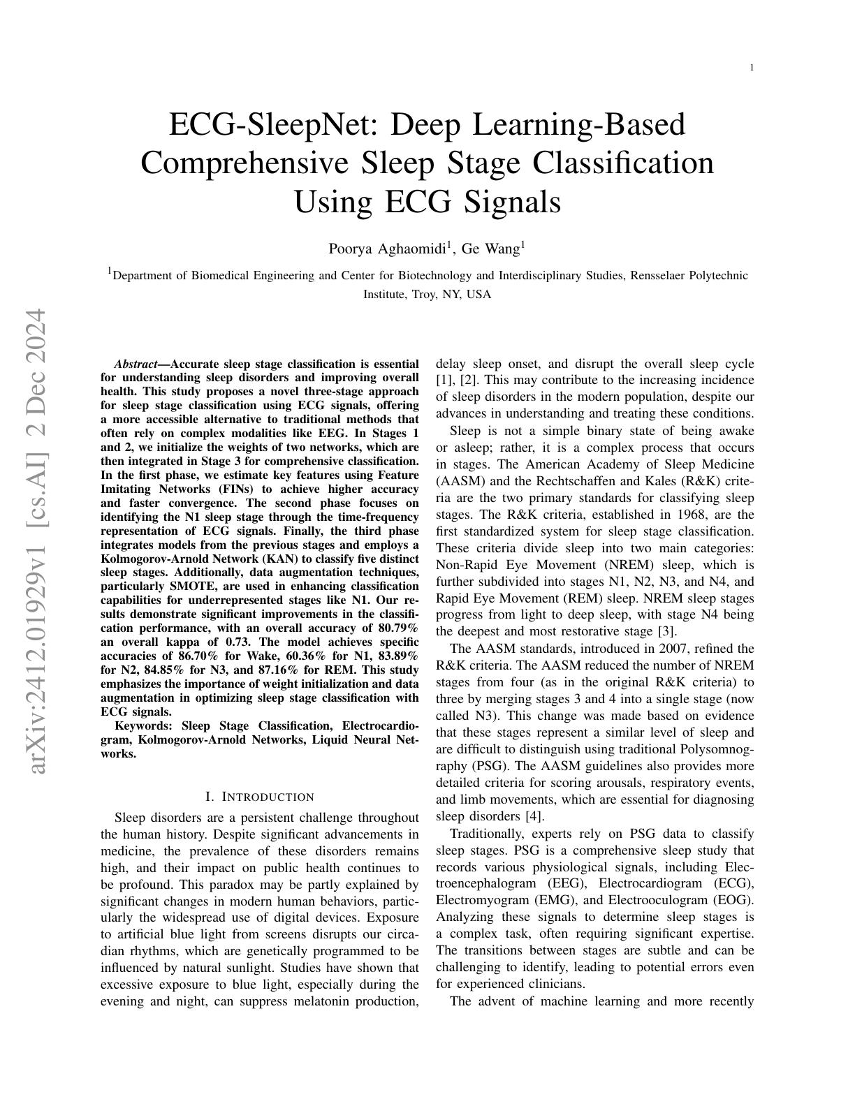 ECG-SleepNet: Deep Learning-Based Comprehensive Sleep Stage Classification Using ECG Signals