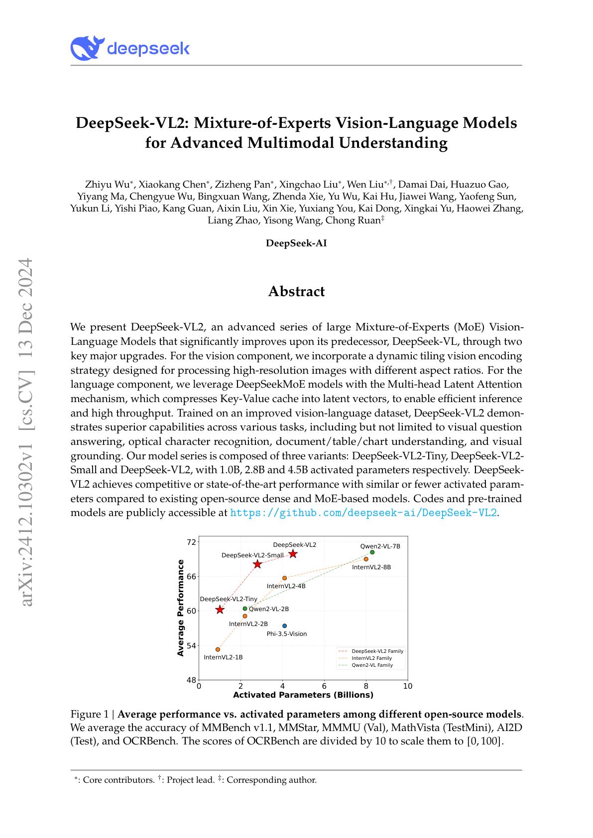 DeepSeek-VL2: Mixture-of-Experts Vision-Language Models for Advanced Multimodal Understanding