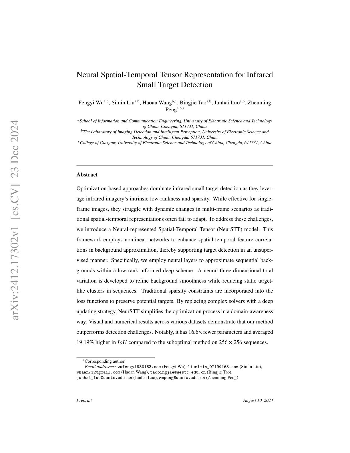 Neural Spatial-Temporal Tensor Representation for Infrared Small Target ...