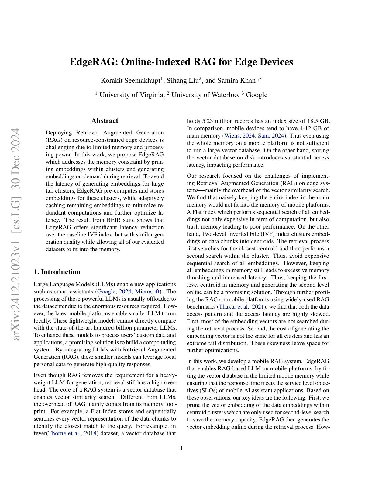 EdgeRAG: Online-Indexed RAG for Edge Devices