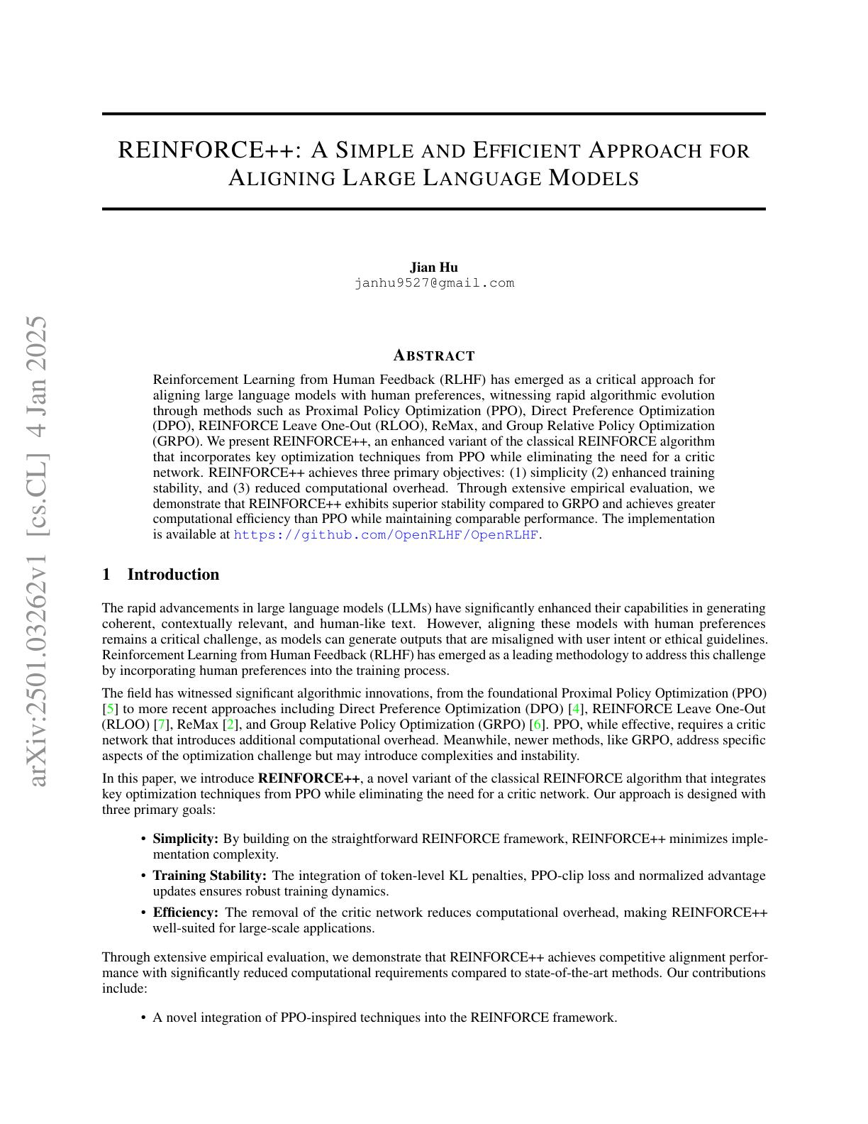 REINFORCE++: A Simple and Efficient Approach for Aligning Large ...