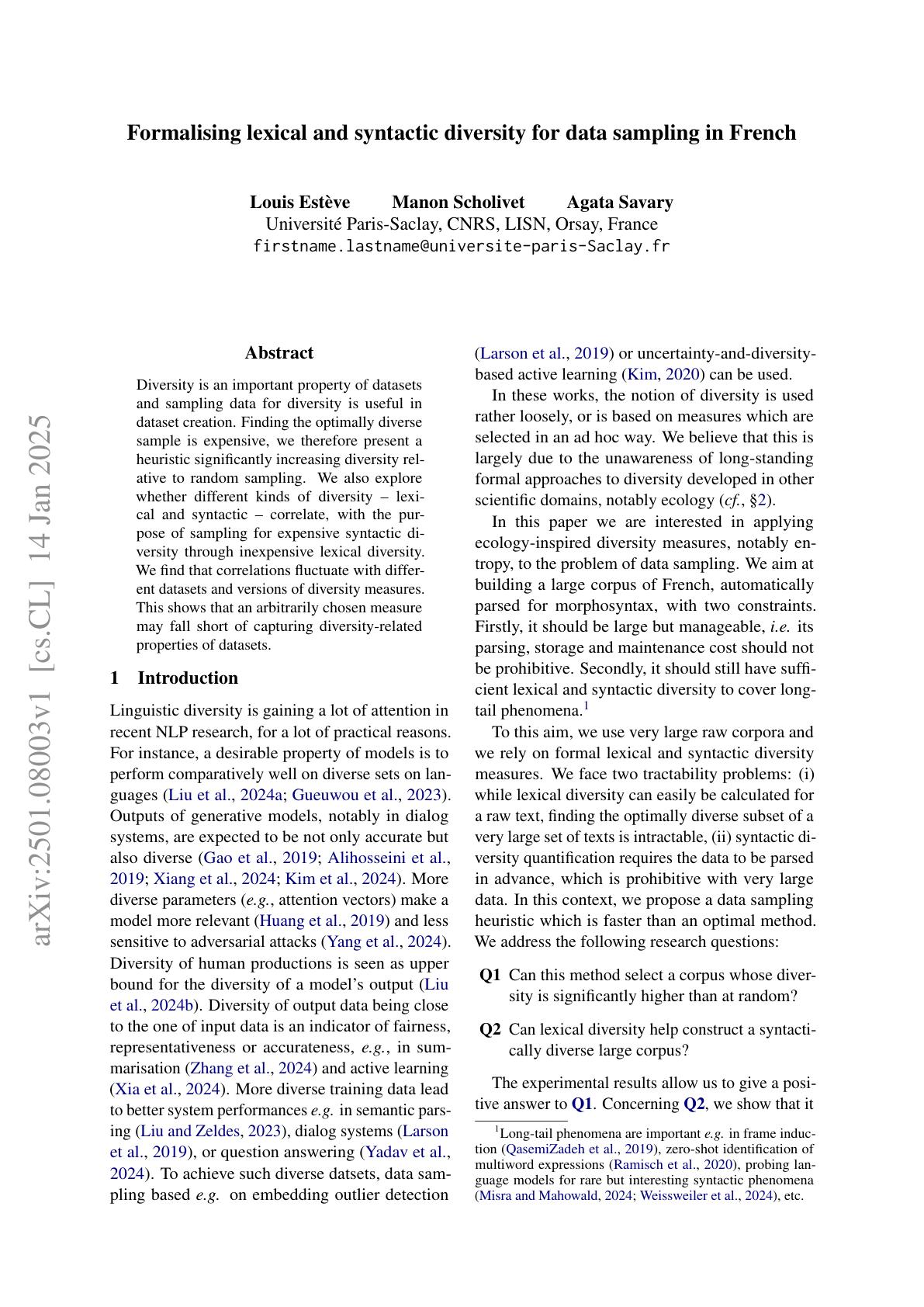 Formalising lexical and syntactic diversity for data sampling in French