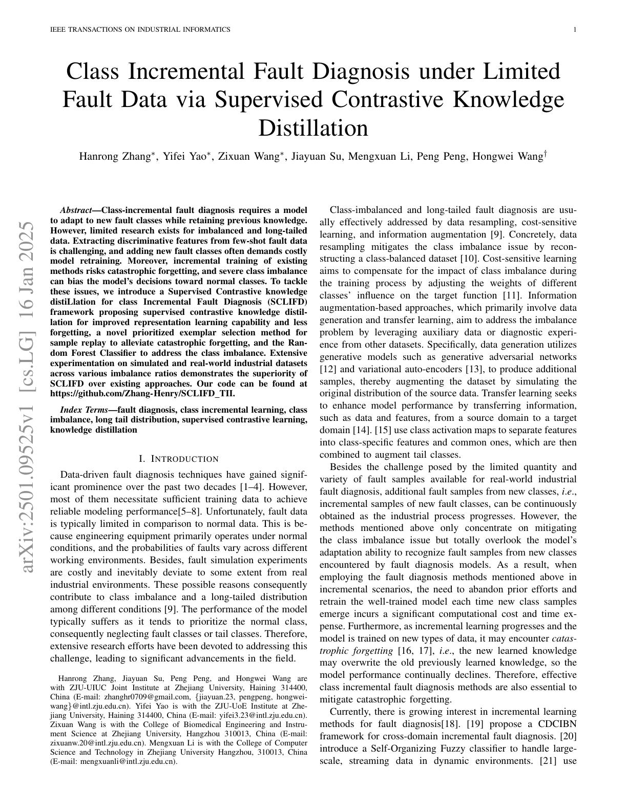 Class Incremental Fault Diagnosis under Limited Fault Data via Supervised Contrastive Knowledge ...