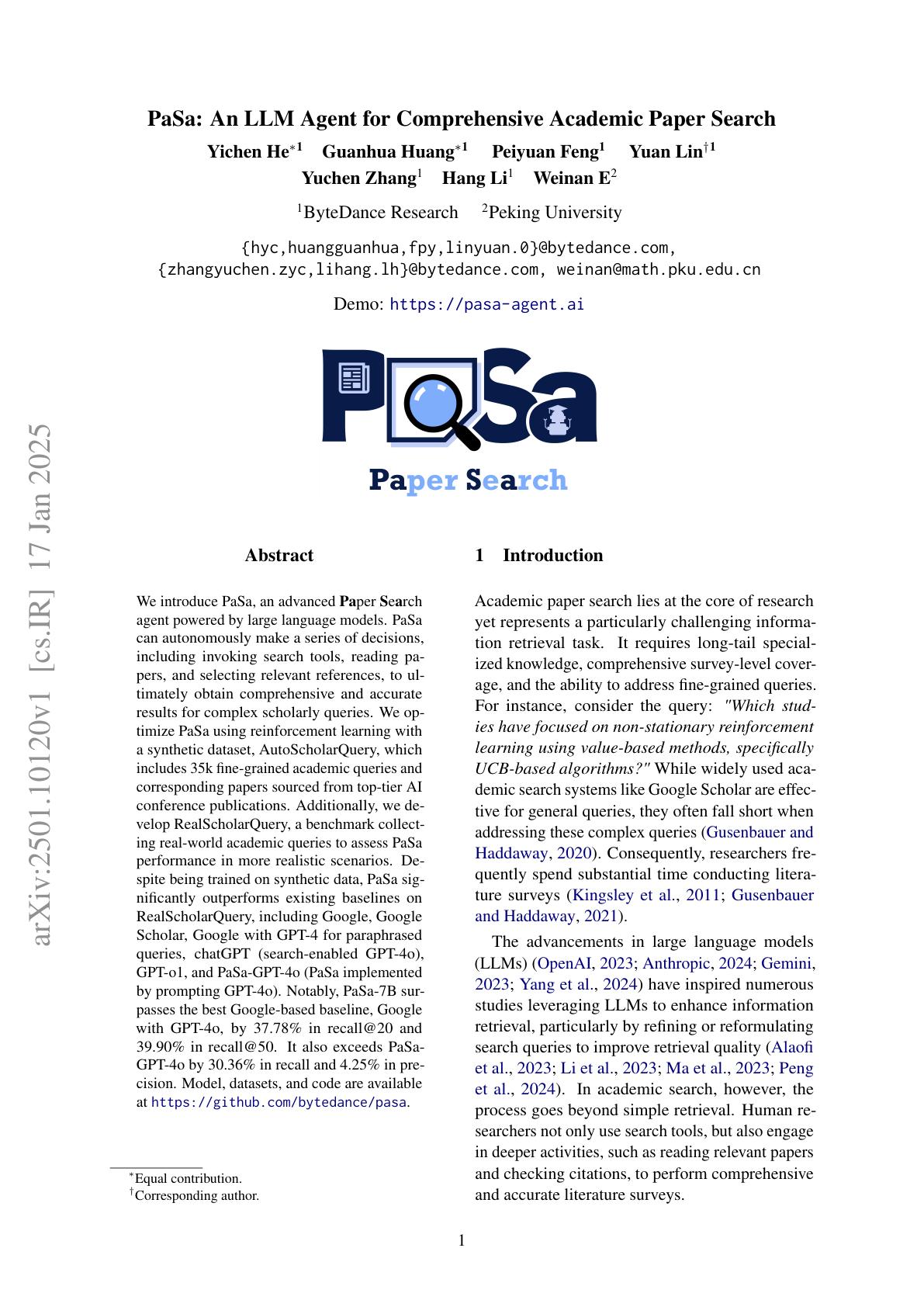 PaSa: An LLM Agent for Comprehensive Academic Paper Search