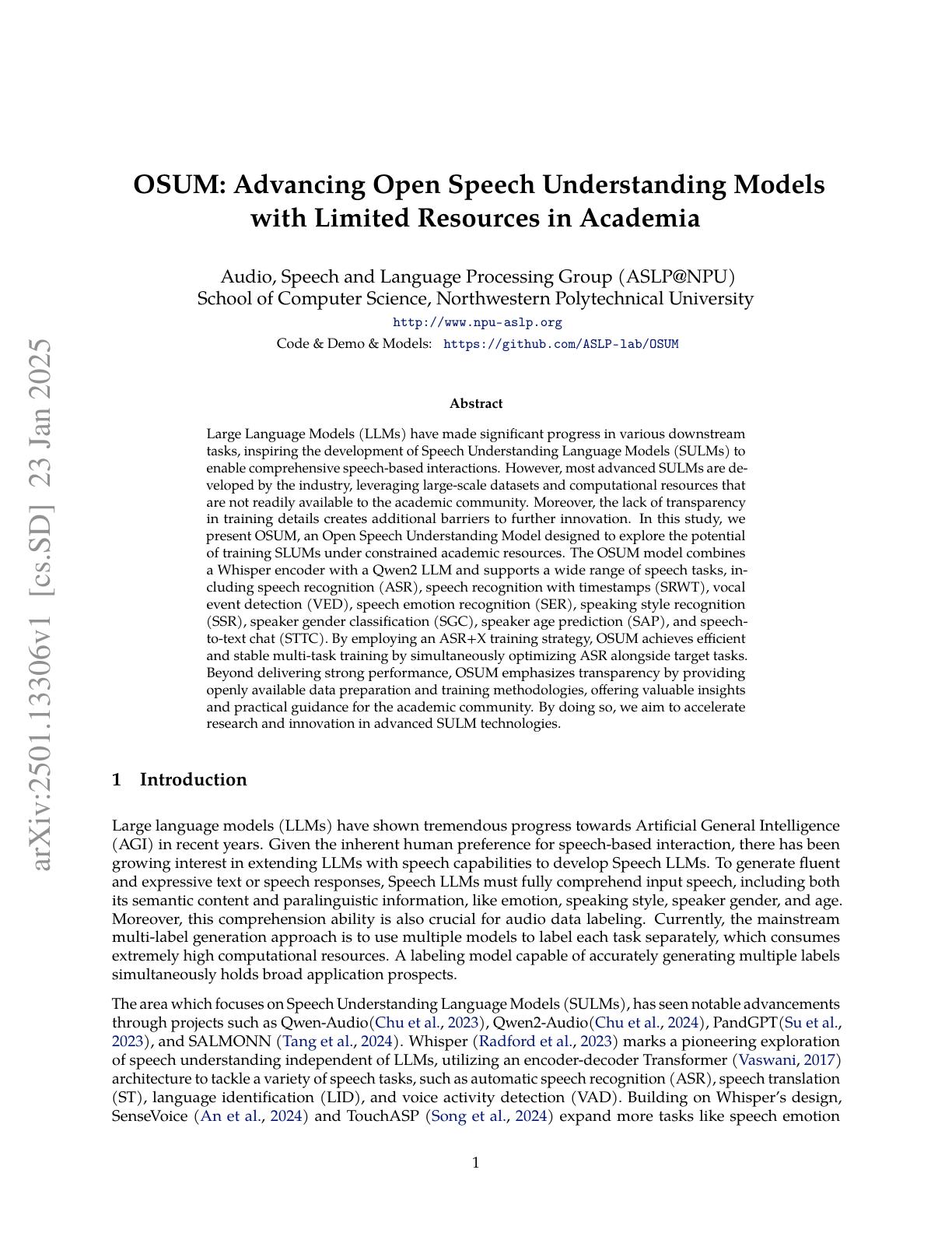 OSUM: Advancing Open Speech Understanding Models with Limited Resources ...