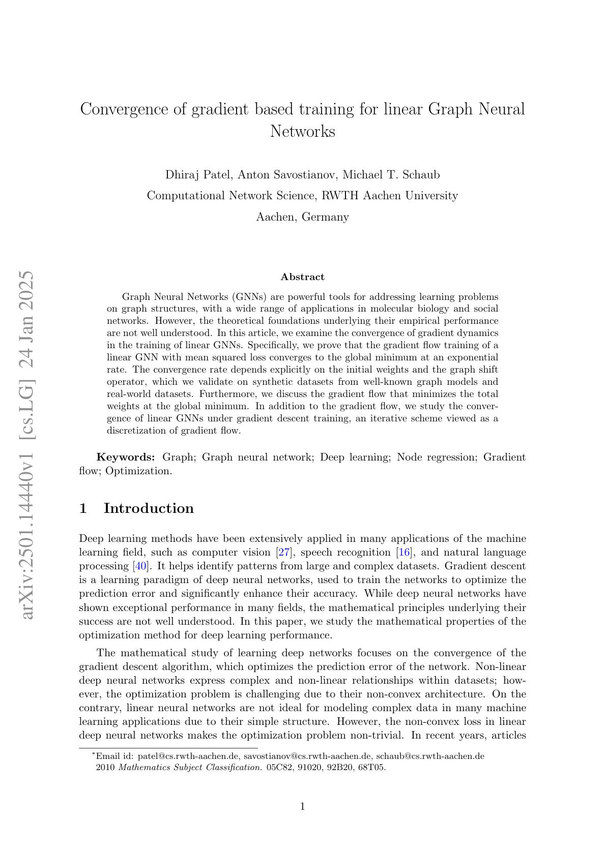 Convergence of gradient based training for linear Graph Neural Networks