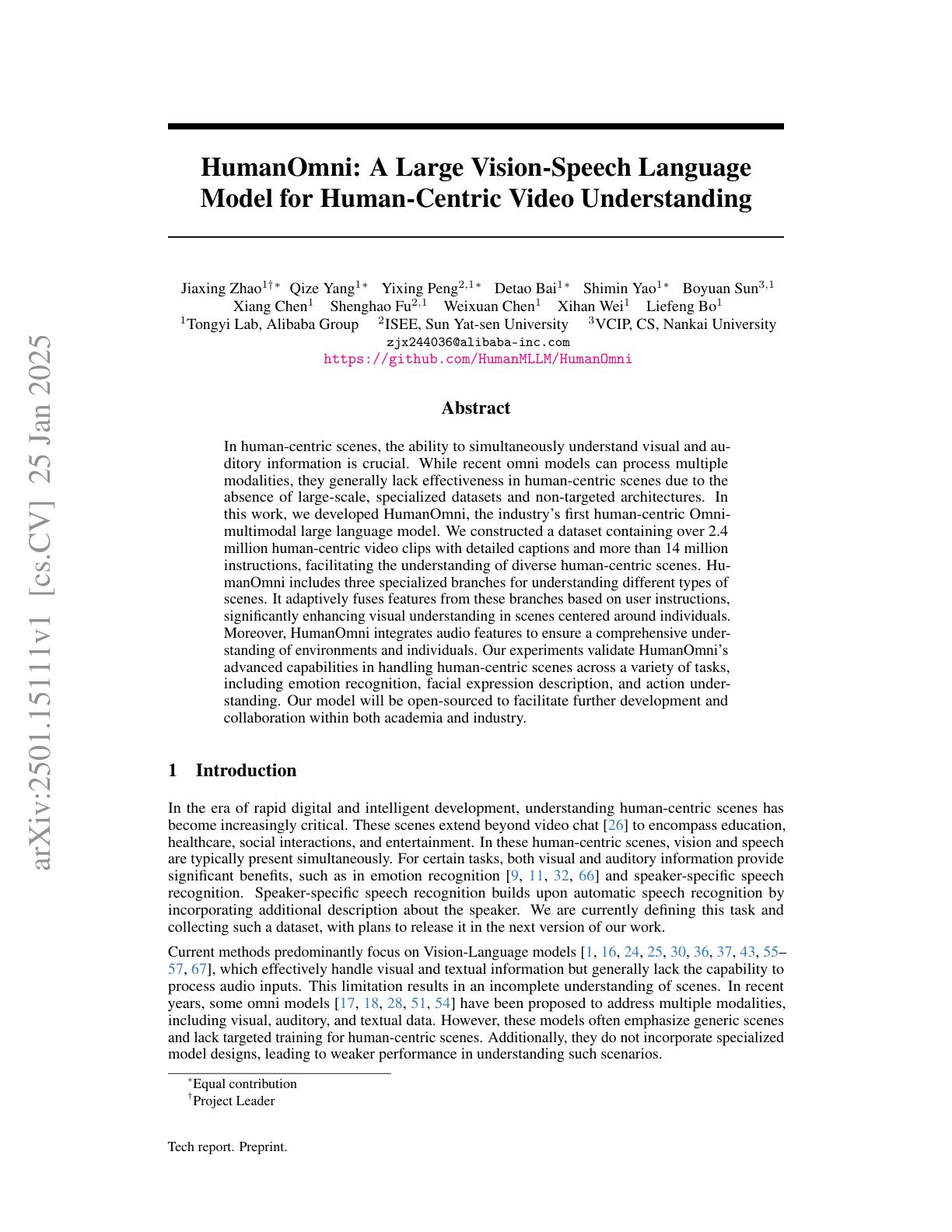 HumanOmni: A Large Vision-Speech Language Model for Human-Centric Video ...