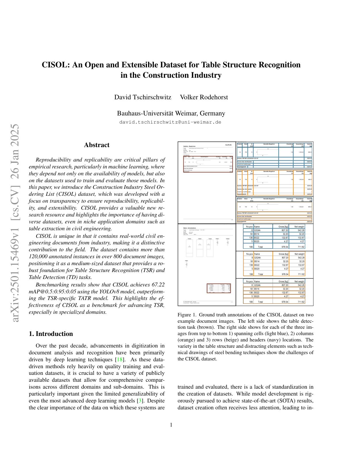 CISOL: An Open and Extensible Dataset for Table Structure Recognition in the Construction Industry