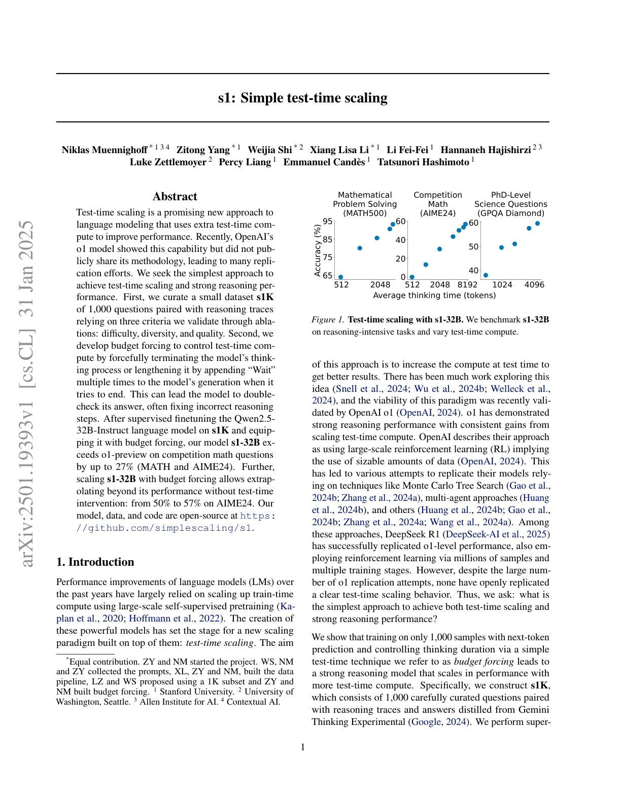 s1: Simple test-time scaling