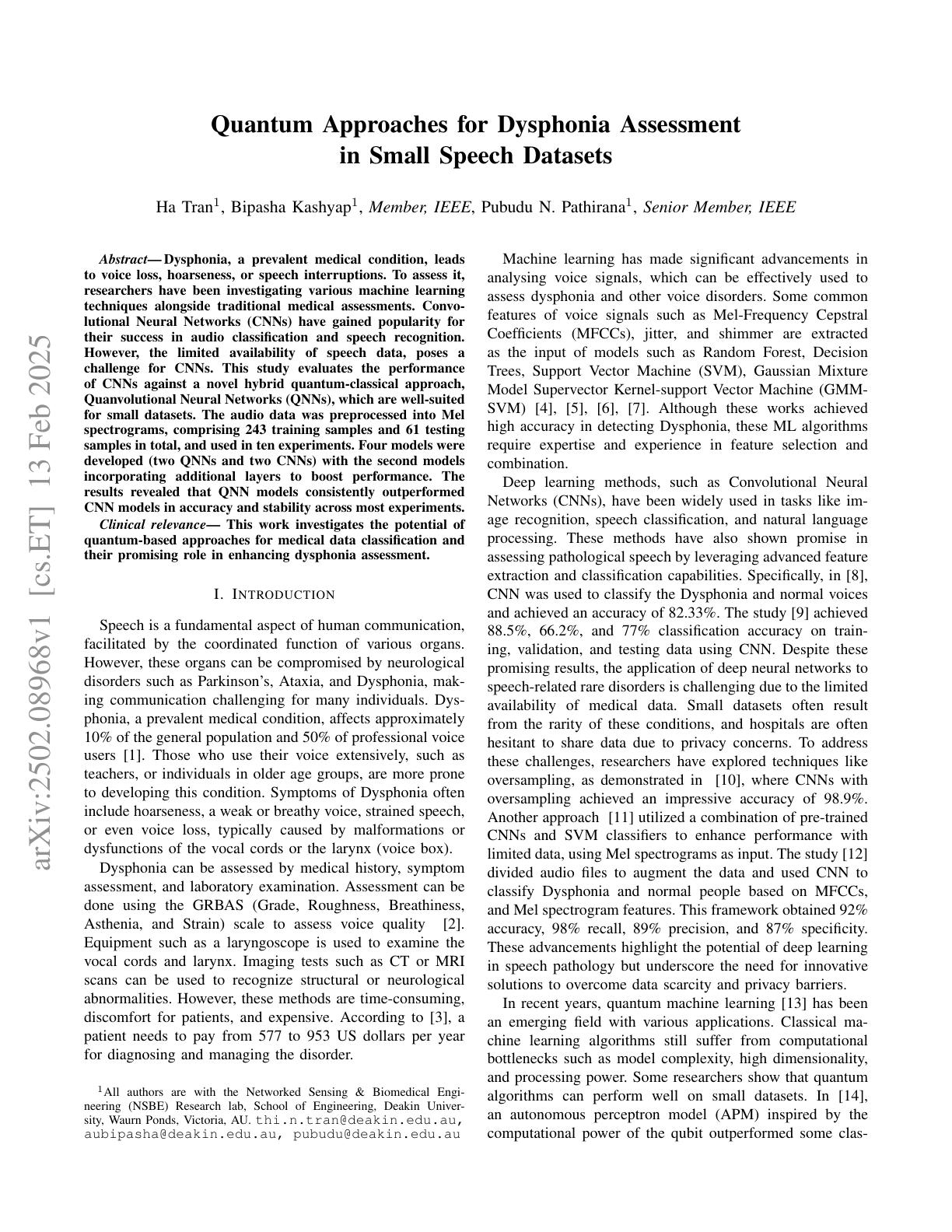 Quantum Approaches For Dysphonia Assessment In Small Speech Datasets