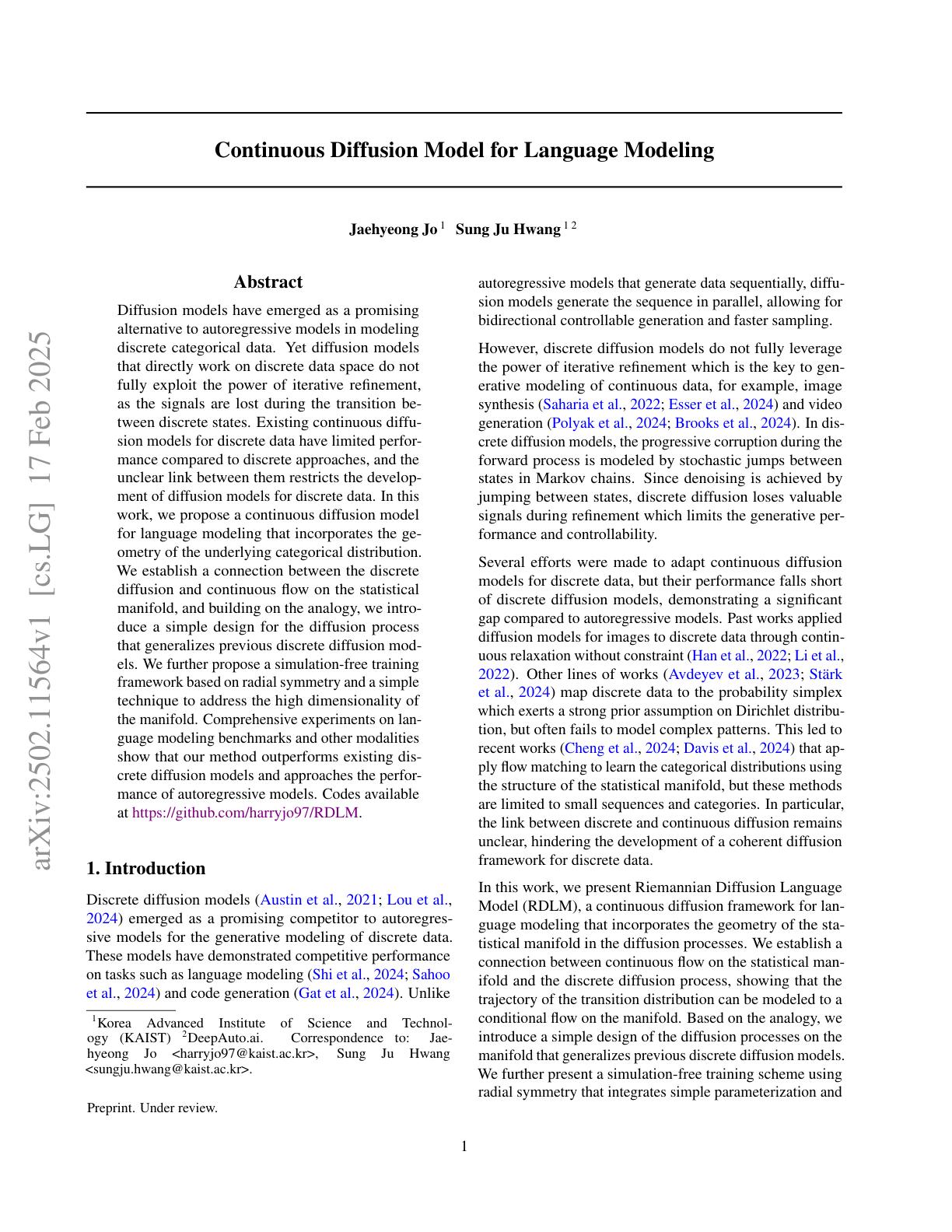 Continuous Diffusion Model for Language Modeling