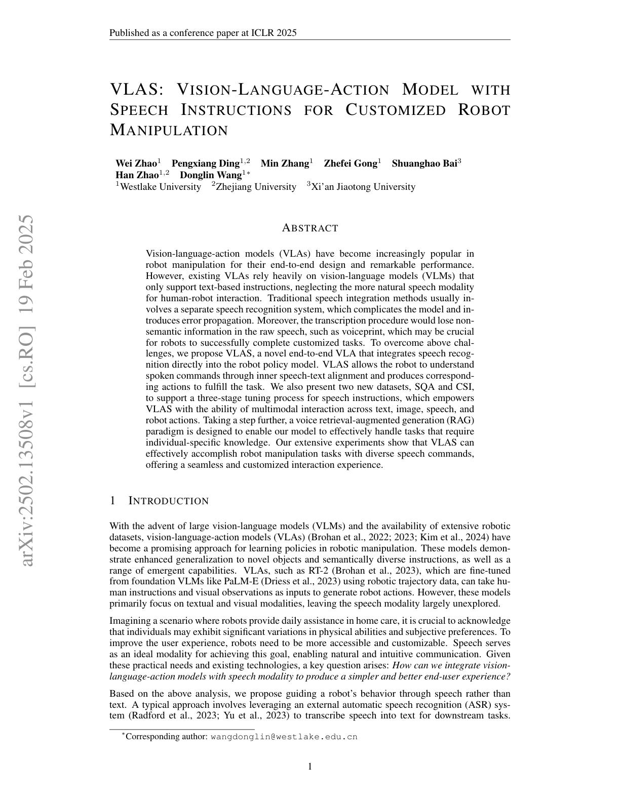 VLAS: Vision-Language-Action Model With Speech Instructions For Customized Robot Manipulation