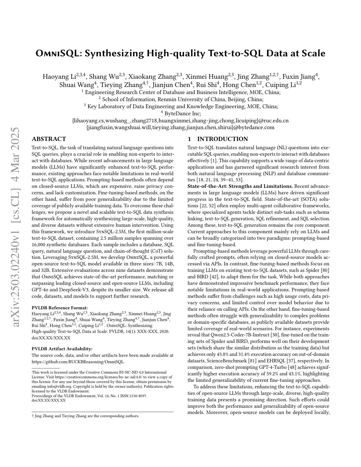 OmniSQL Synthesizing High quality Text to SQL Data At Scale
