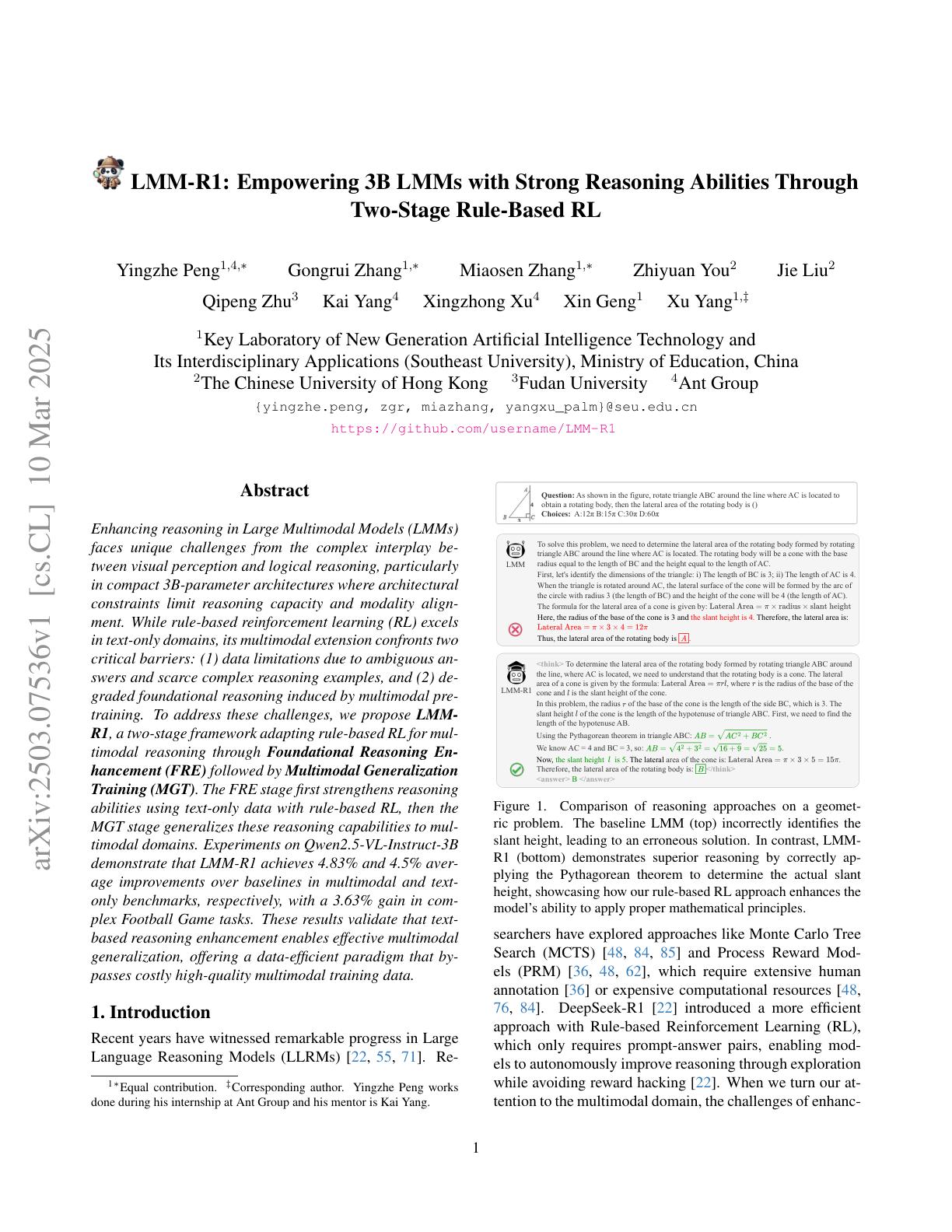 LMM-R1: Empowering 3B LMMs with Strong Reasoning Abilities Through Two ...