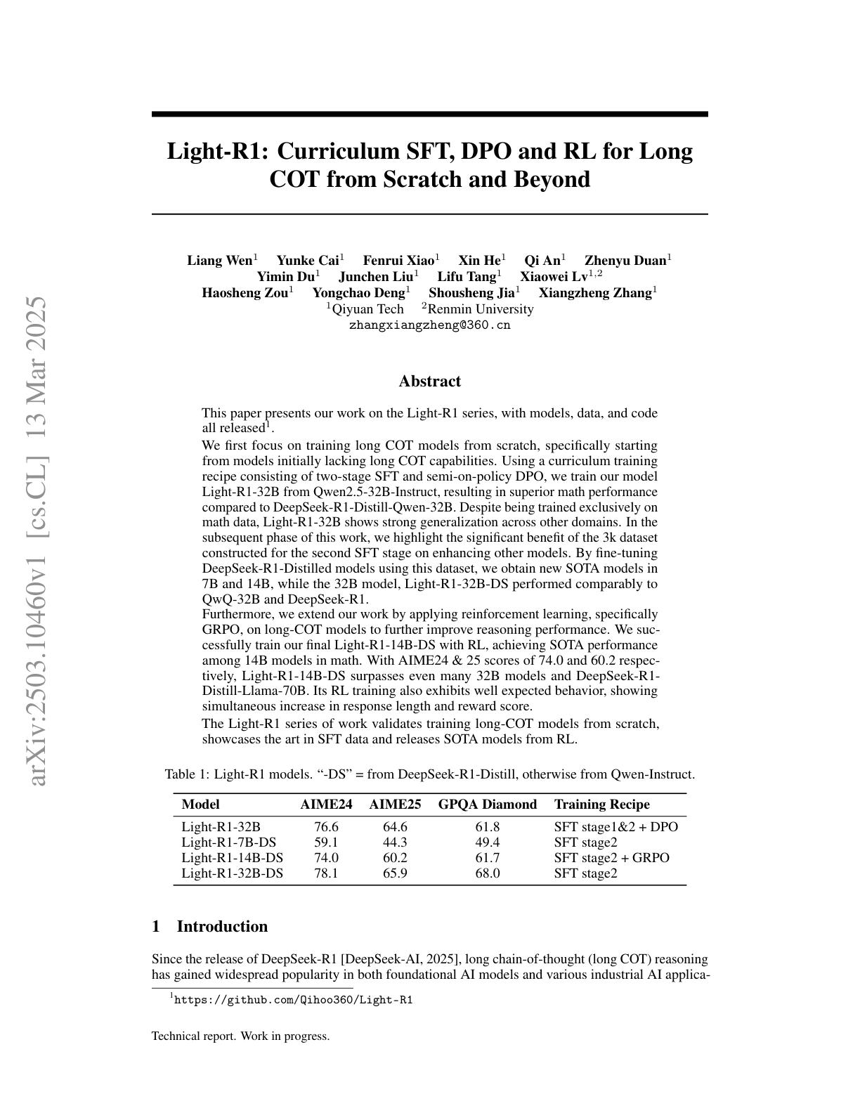 Light-R1: Curriculum SFT, DPO and RL for Long COT from Scratch and Beyond