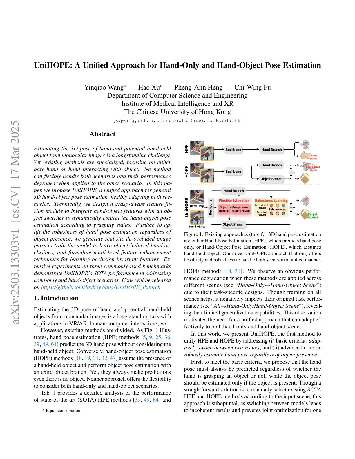 UniHOPE: A Unified Approach for Hand-Only and Hand-Object Pose Estimation