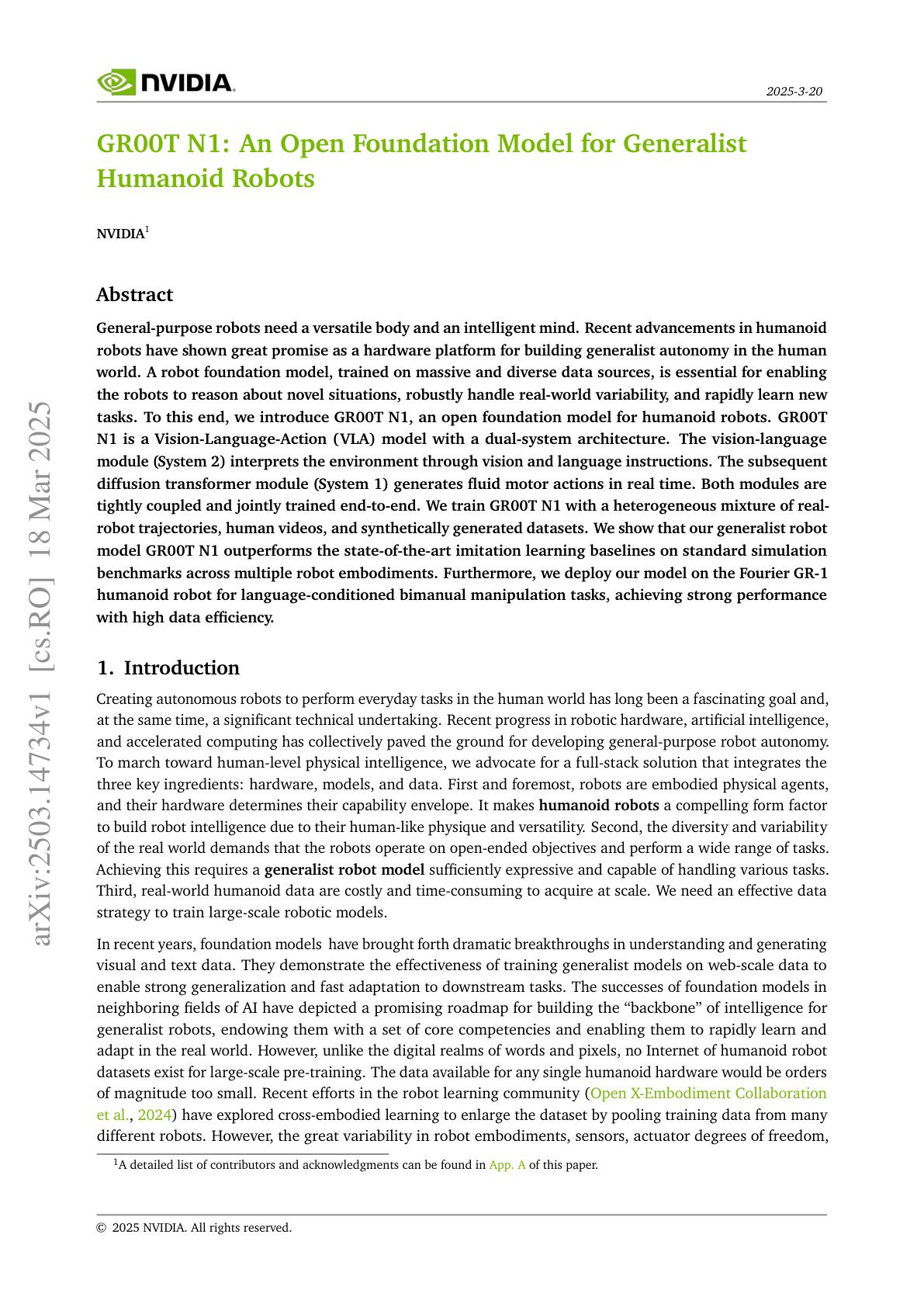 GR00T N1: An Open Foundation Model for Generalist Humanoid Robots