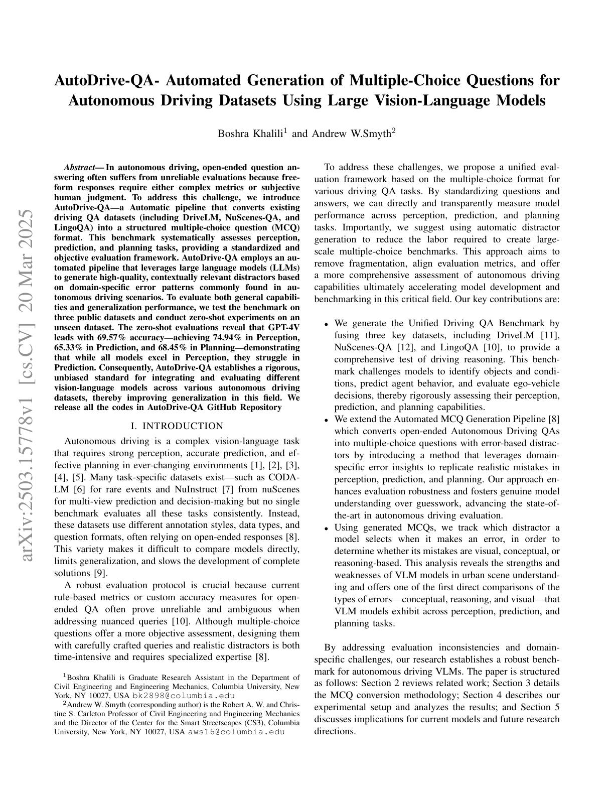 Autodrive Qa Automated Generation Of Multiple Choice Questions For Autonomous Driving Datasets
