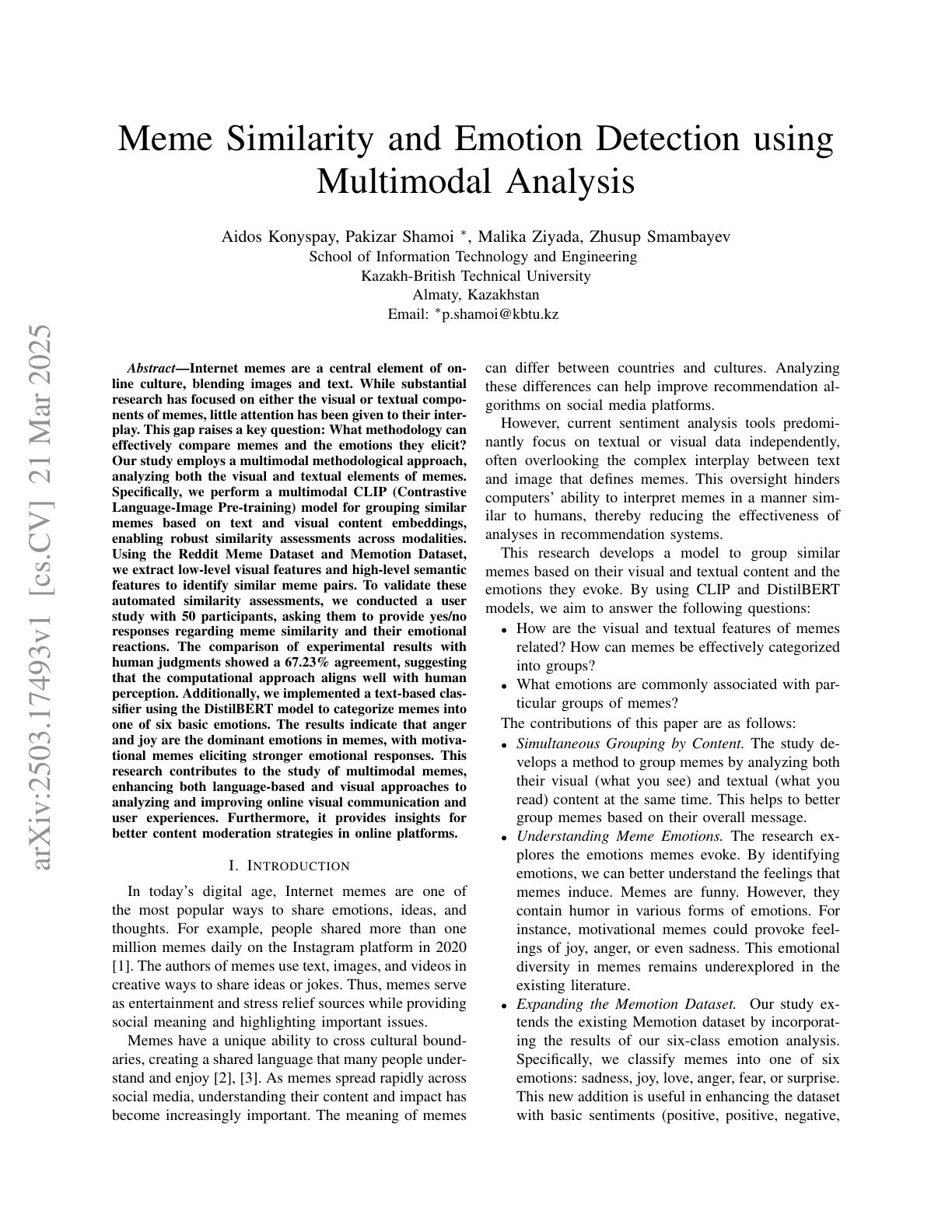 Meme Similarity and Emotion Detection using Multimodal Analysis
