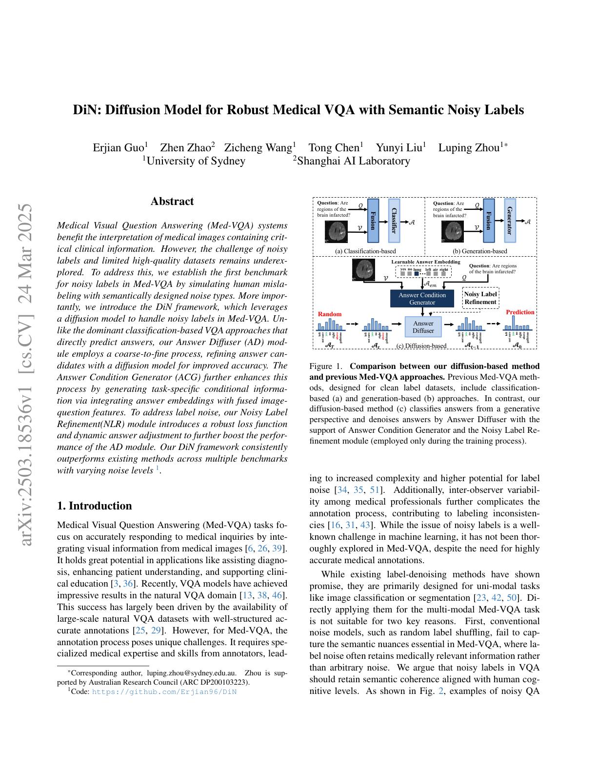 DiN: Diffusion Model for Robust Medical VQA with Semantic Noisy Labels
