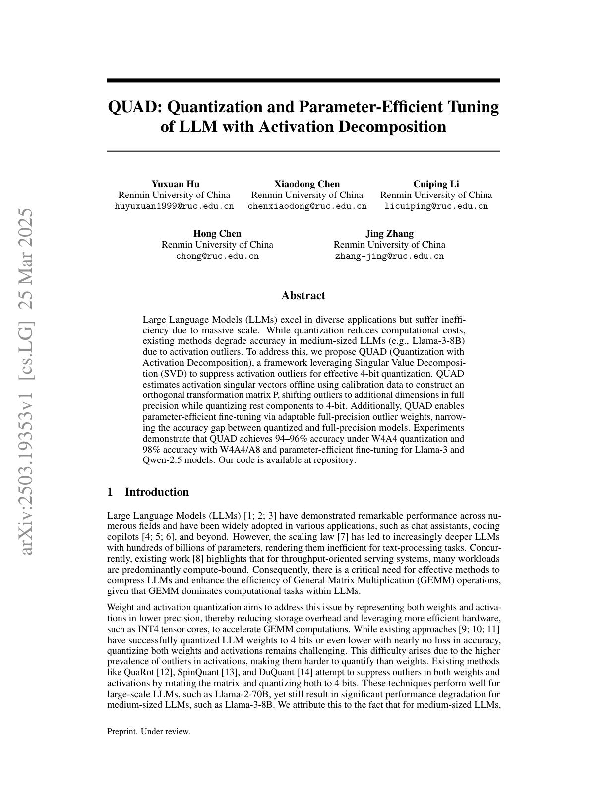 QUAD: Quantization and Parameter-Efficient Tuning of LLM with Activation Decomposition