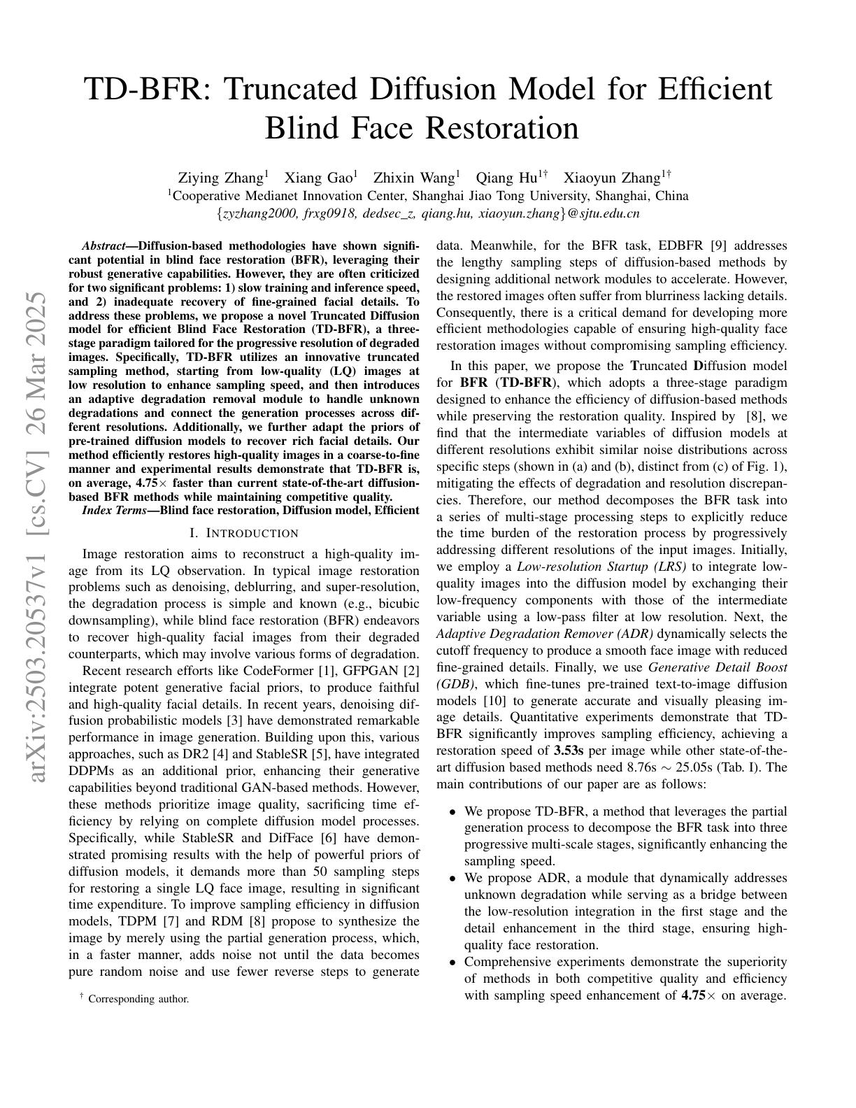 TD-BFR: Truncated Diffusion Model for Efficient Blind Face Restoration
