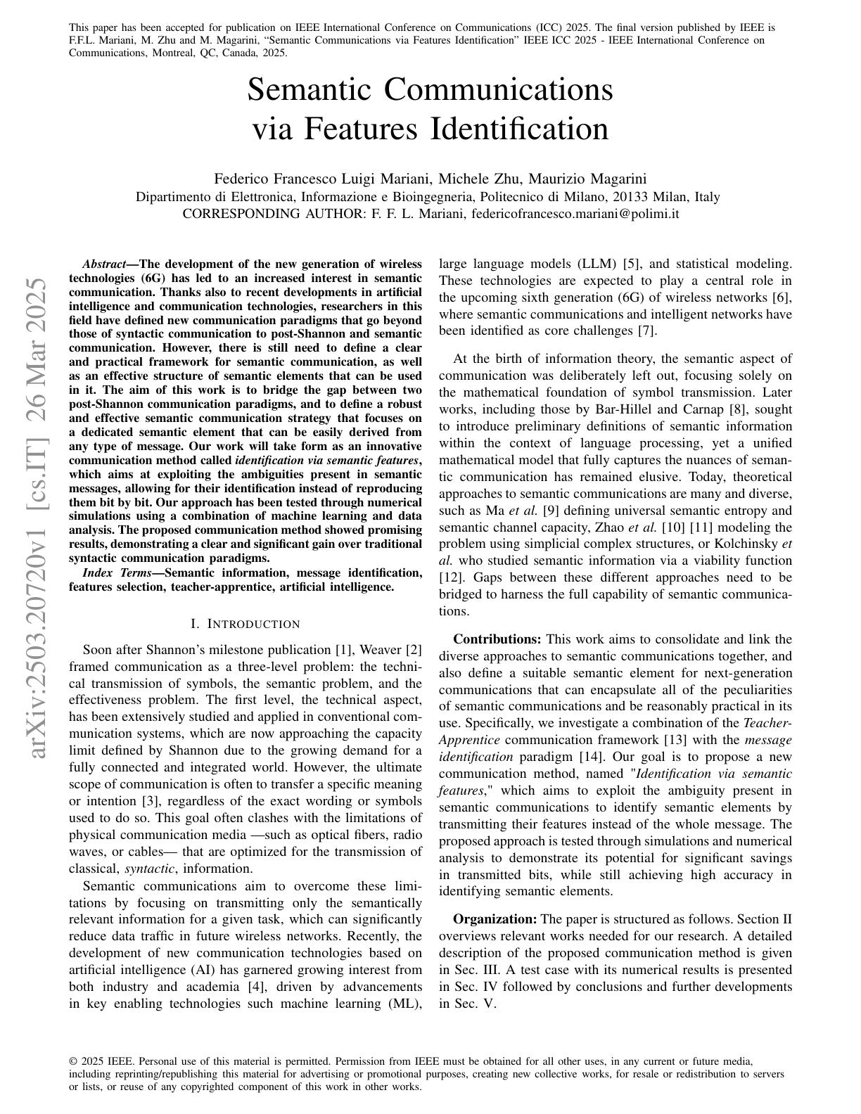 Semantic Communications via Features Identification