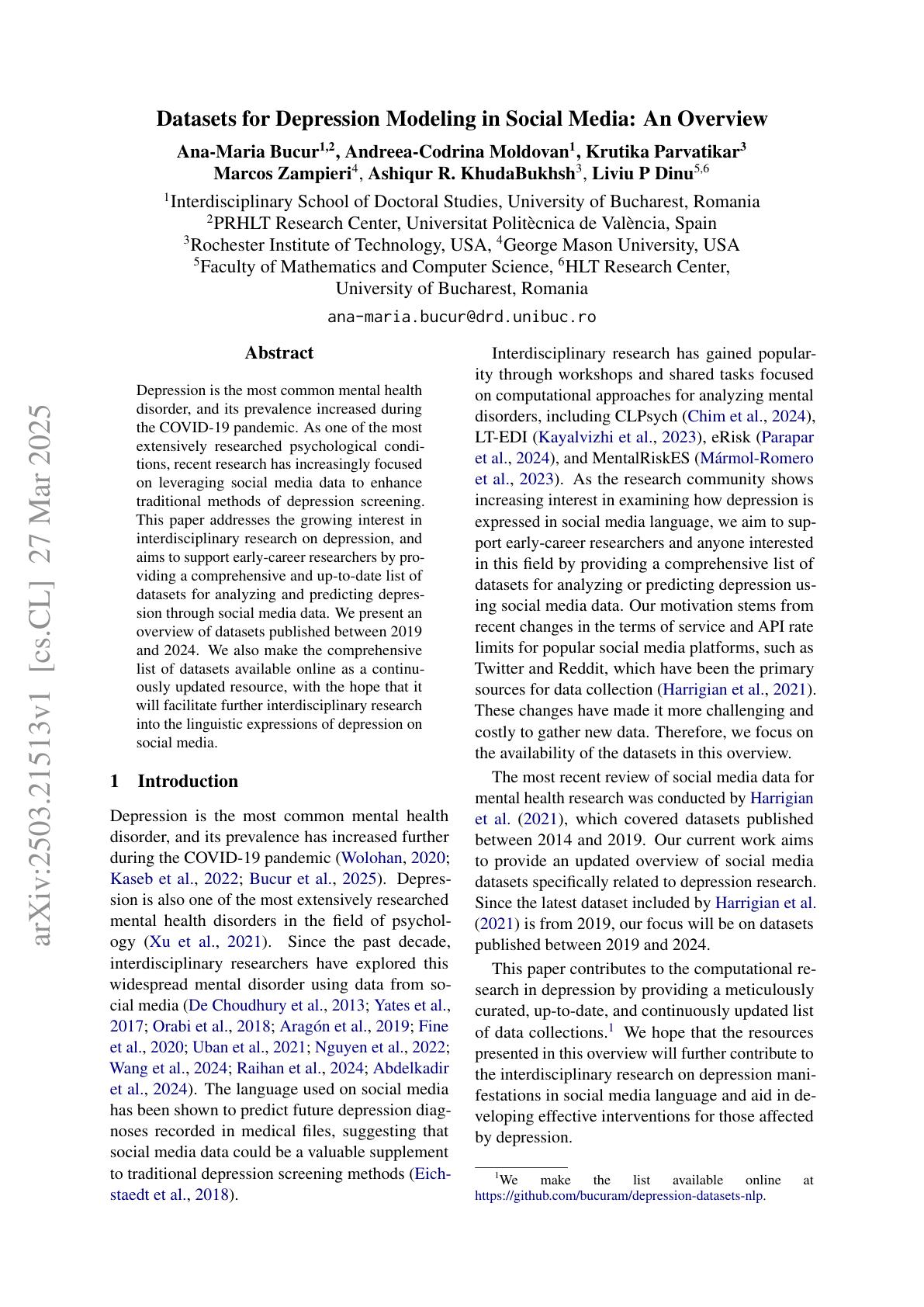 Datasets for Depression Modeling in Social Media: An Overview