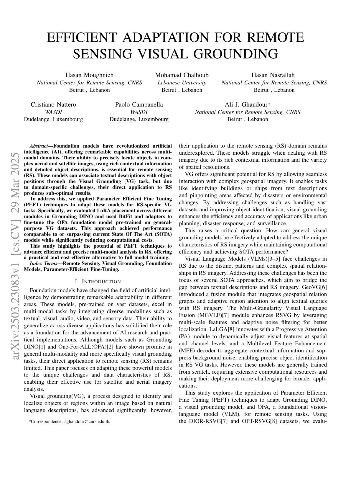 Efficient Adaptation For Remote Sensing Visual Grounding