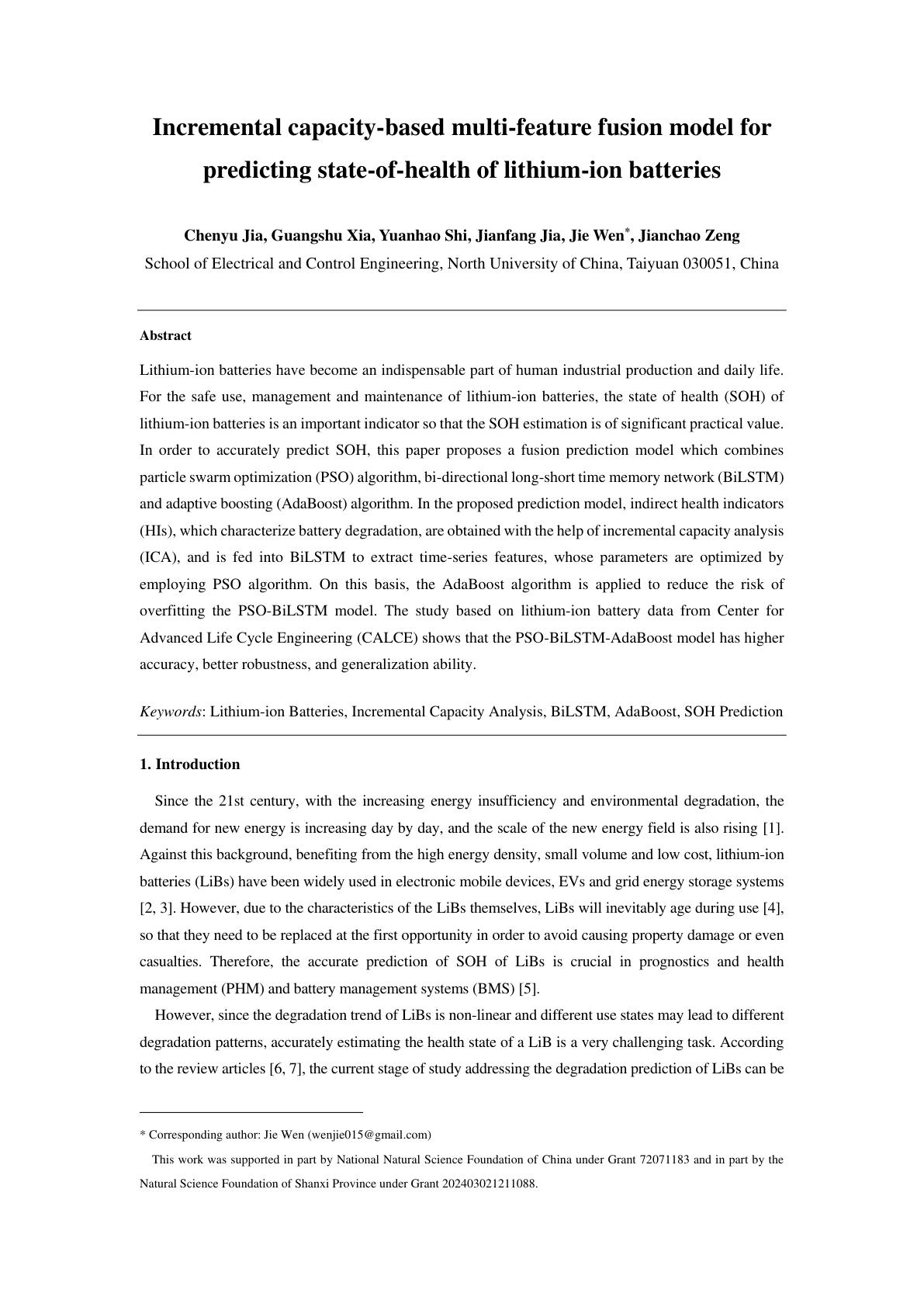 Incremental capacity-based multi-feature fusion model for predicting ...