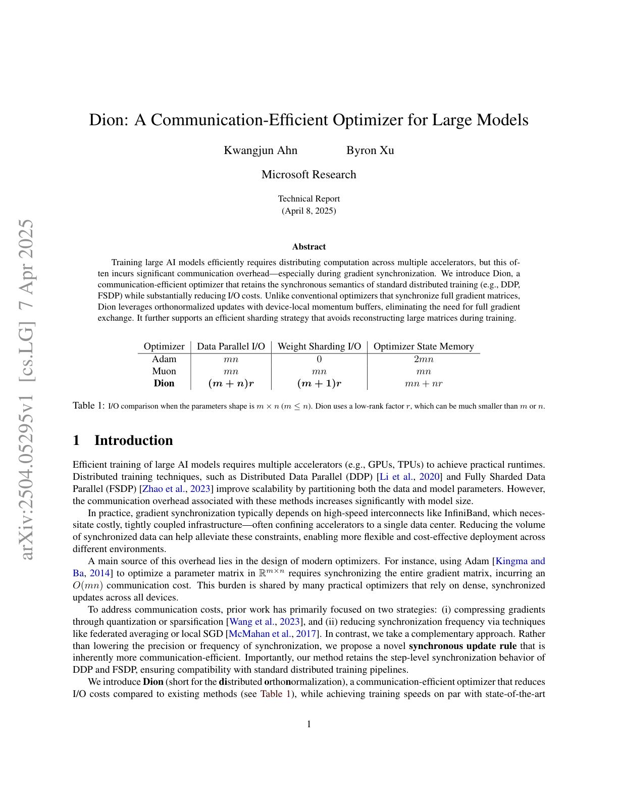 Dion: A Communication-Efficient Optimizer for Large Models