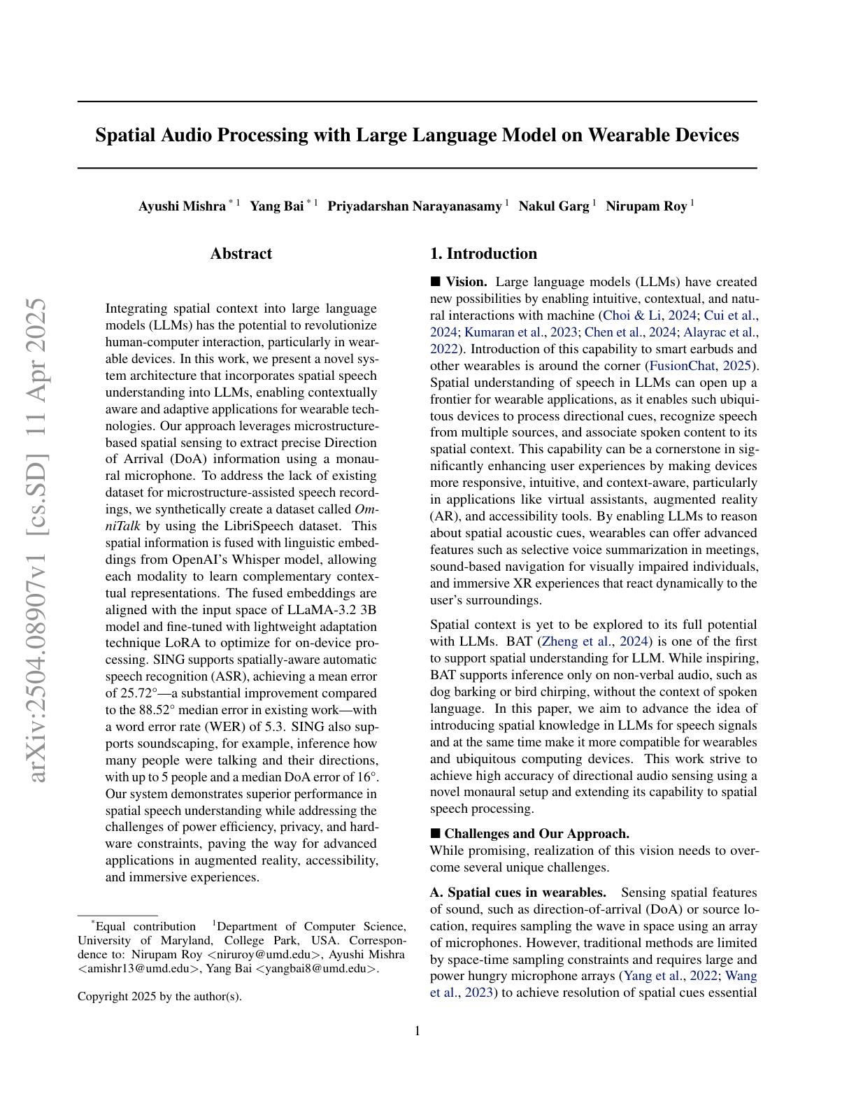 Spatial Audio Processing with Large Language Model on Wearable Devices
