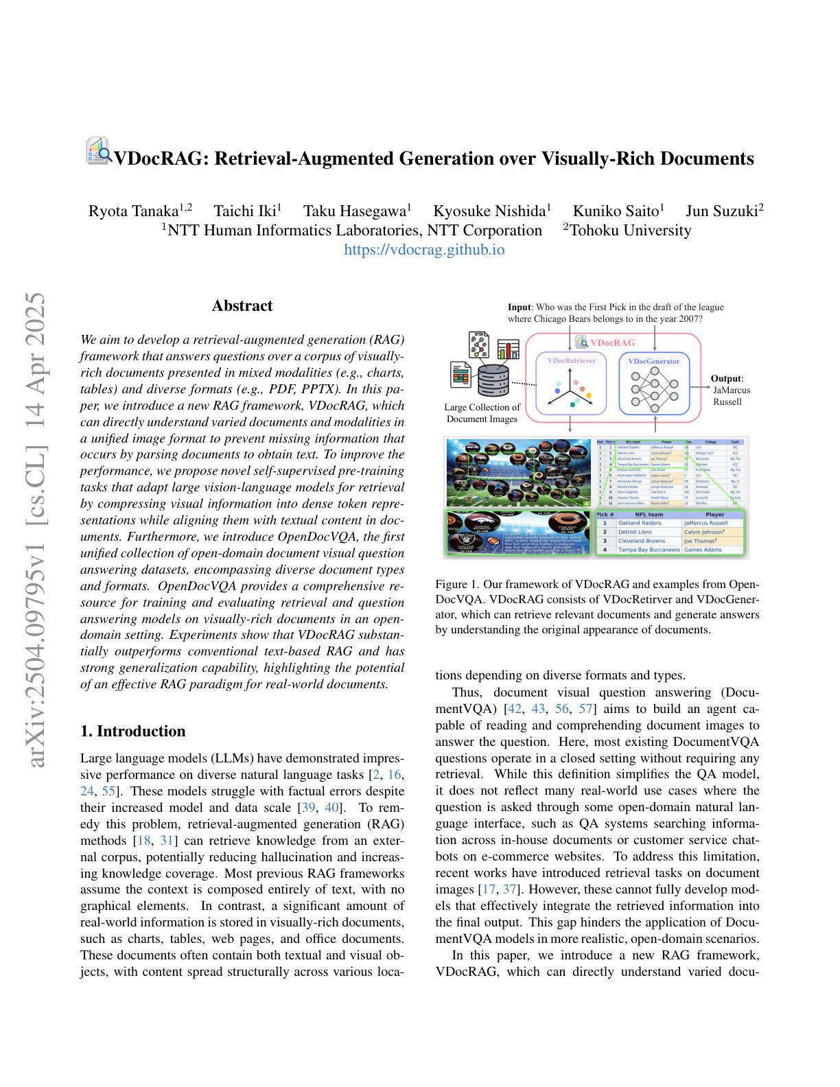 VDocRAG: Retrieval-Augmented Generation over Visually-Rich Documents