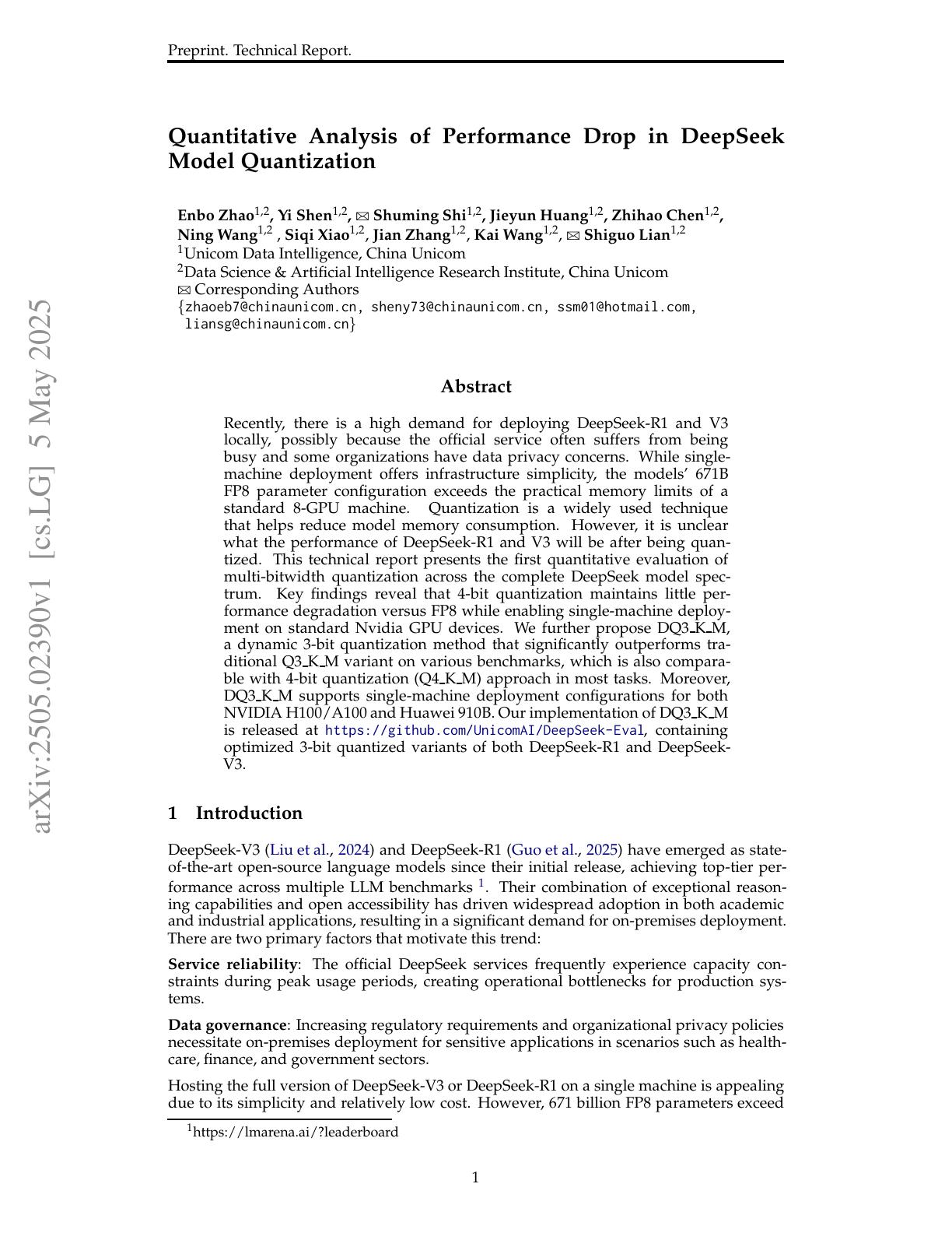 Quantitative Analysis of Performance Drop in DeepSeek Model Quantization